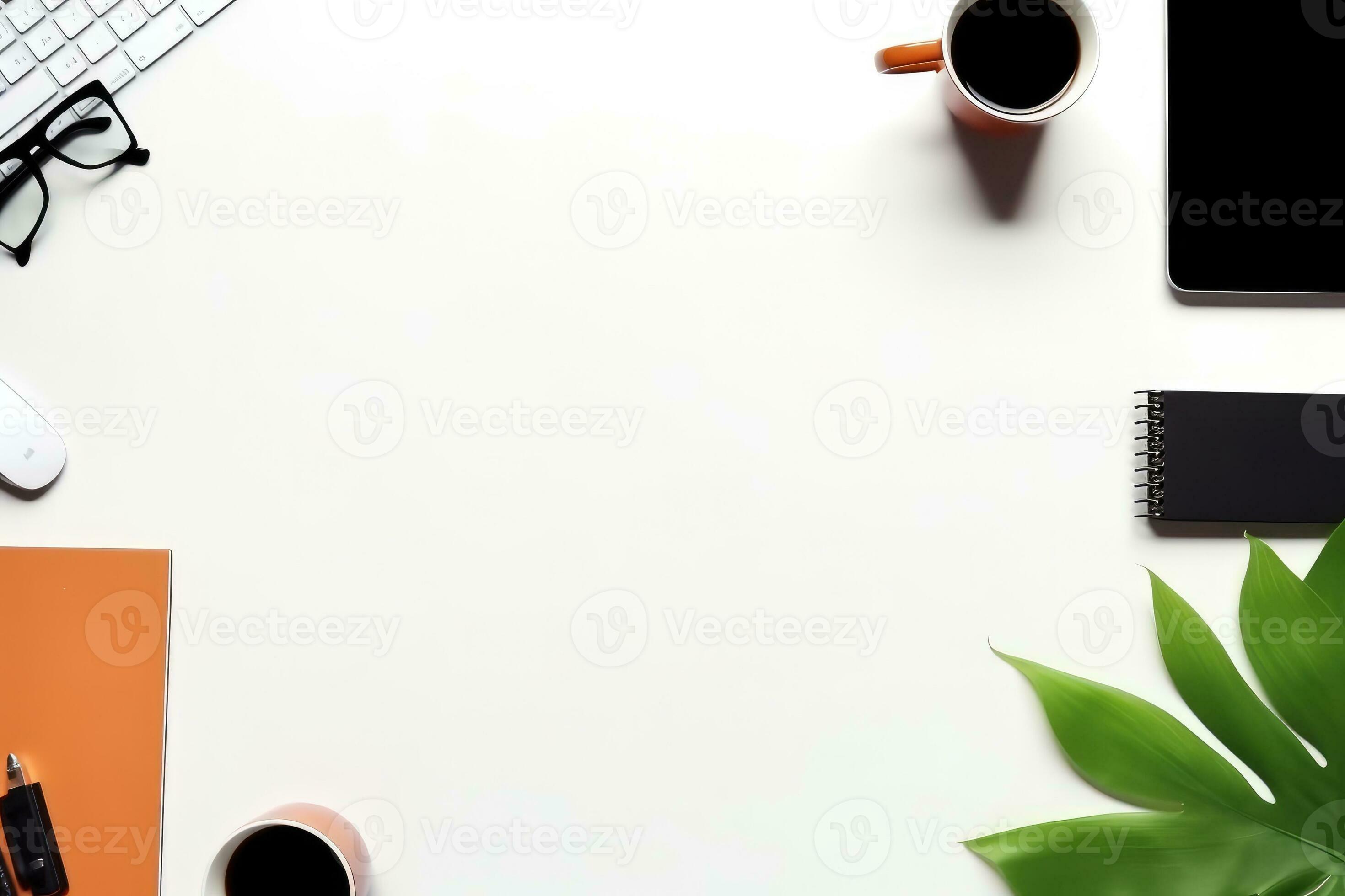 AI Generated Top view Office desk with office tools, computer laptop on ...