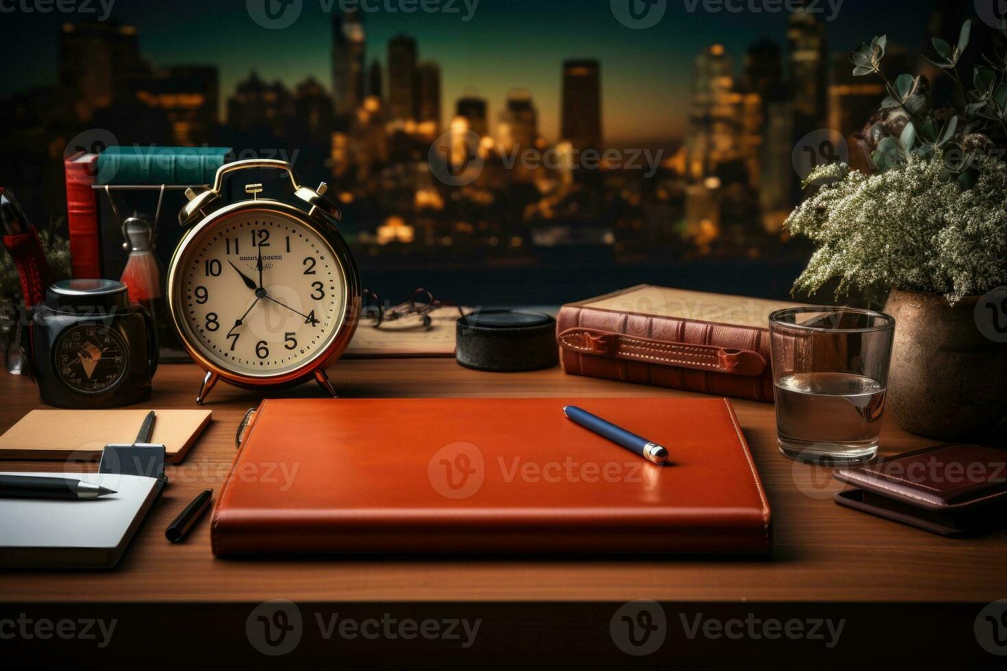 AI Generated Top view Office desk with office tools, computer laptop on ...