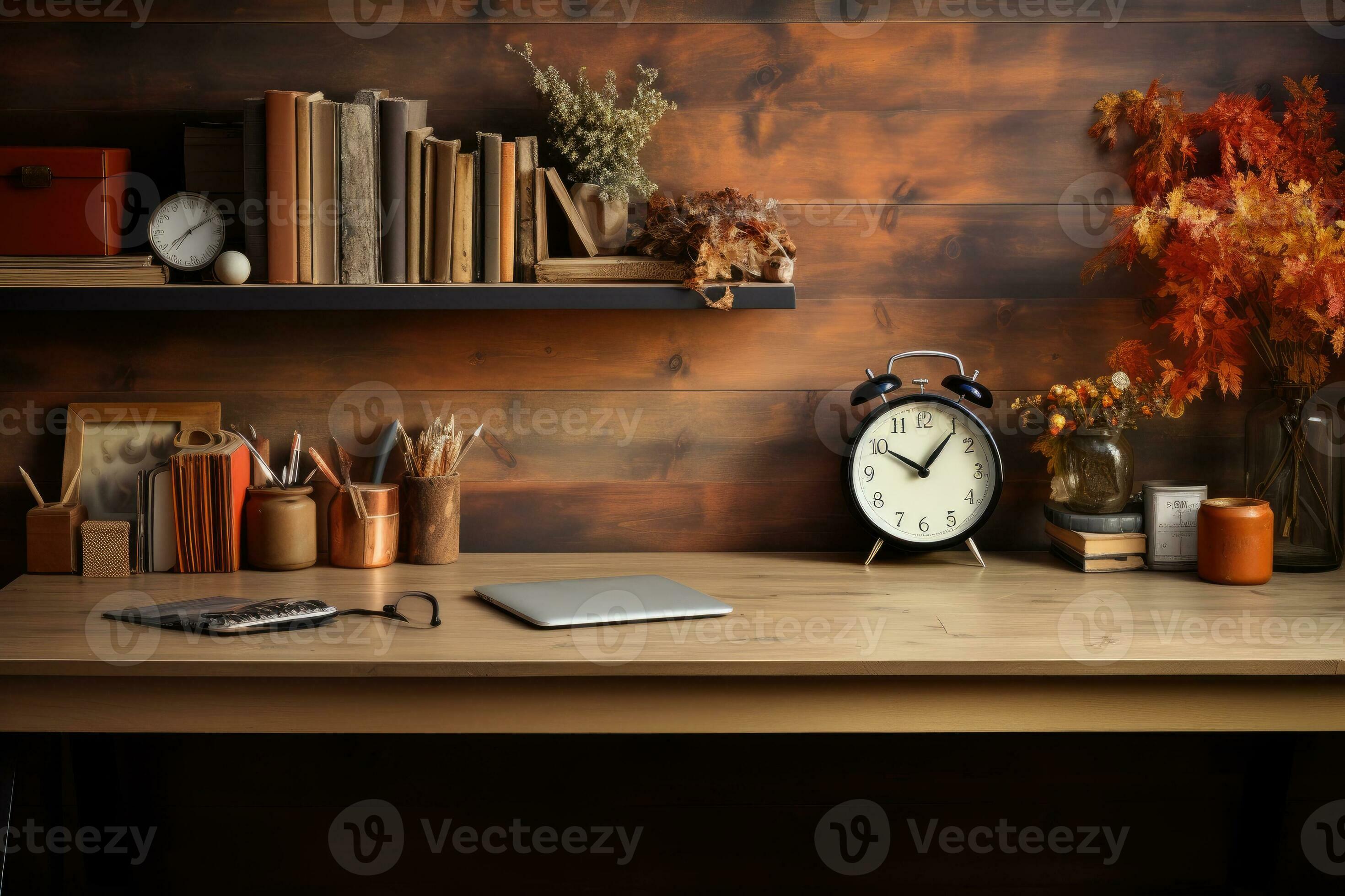 AI Generated Front view Office desk with office tools, computer laptop ...