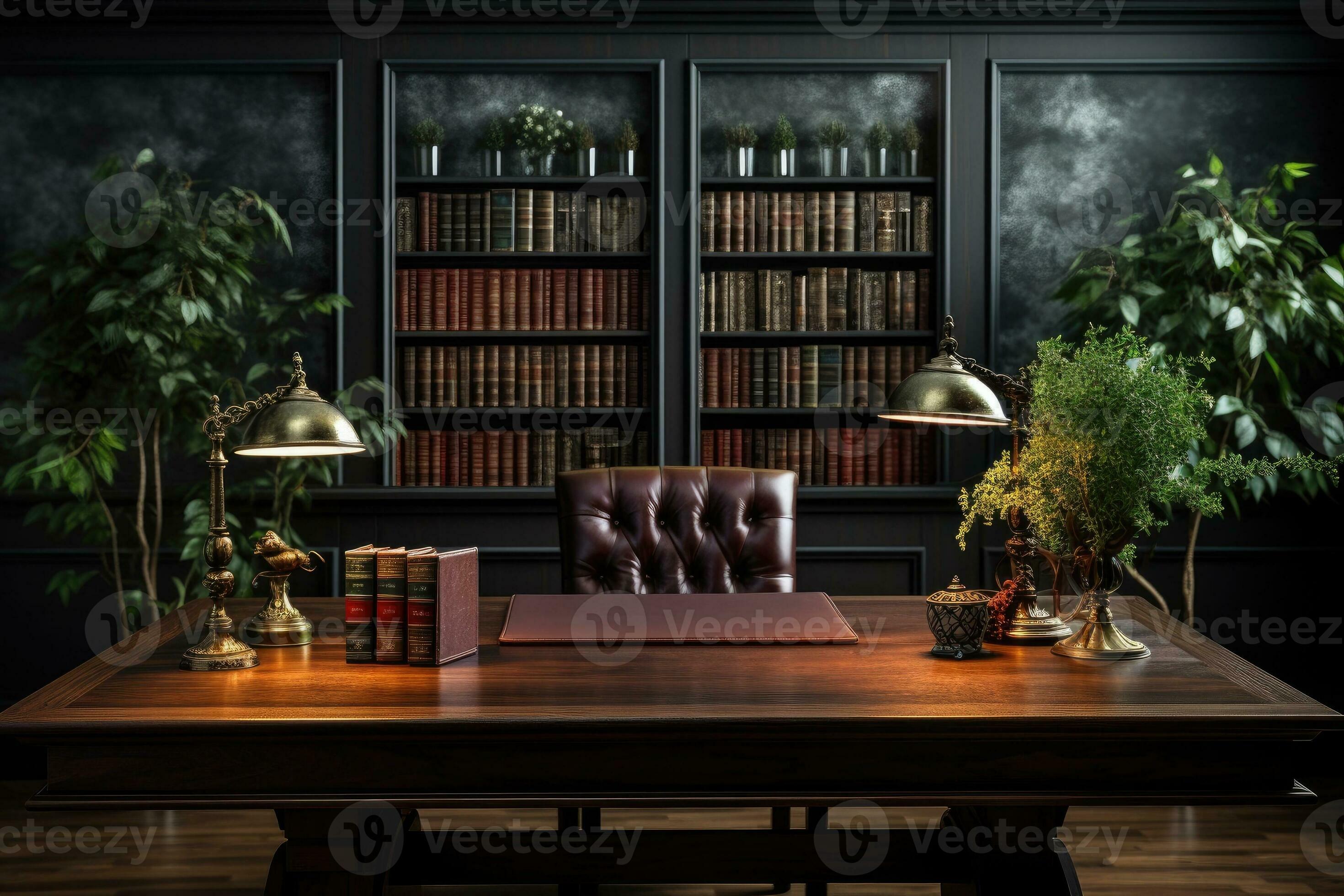 AI Generated Front view Office desk with office tools, computer laptop on wood table background ...