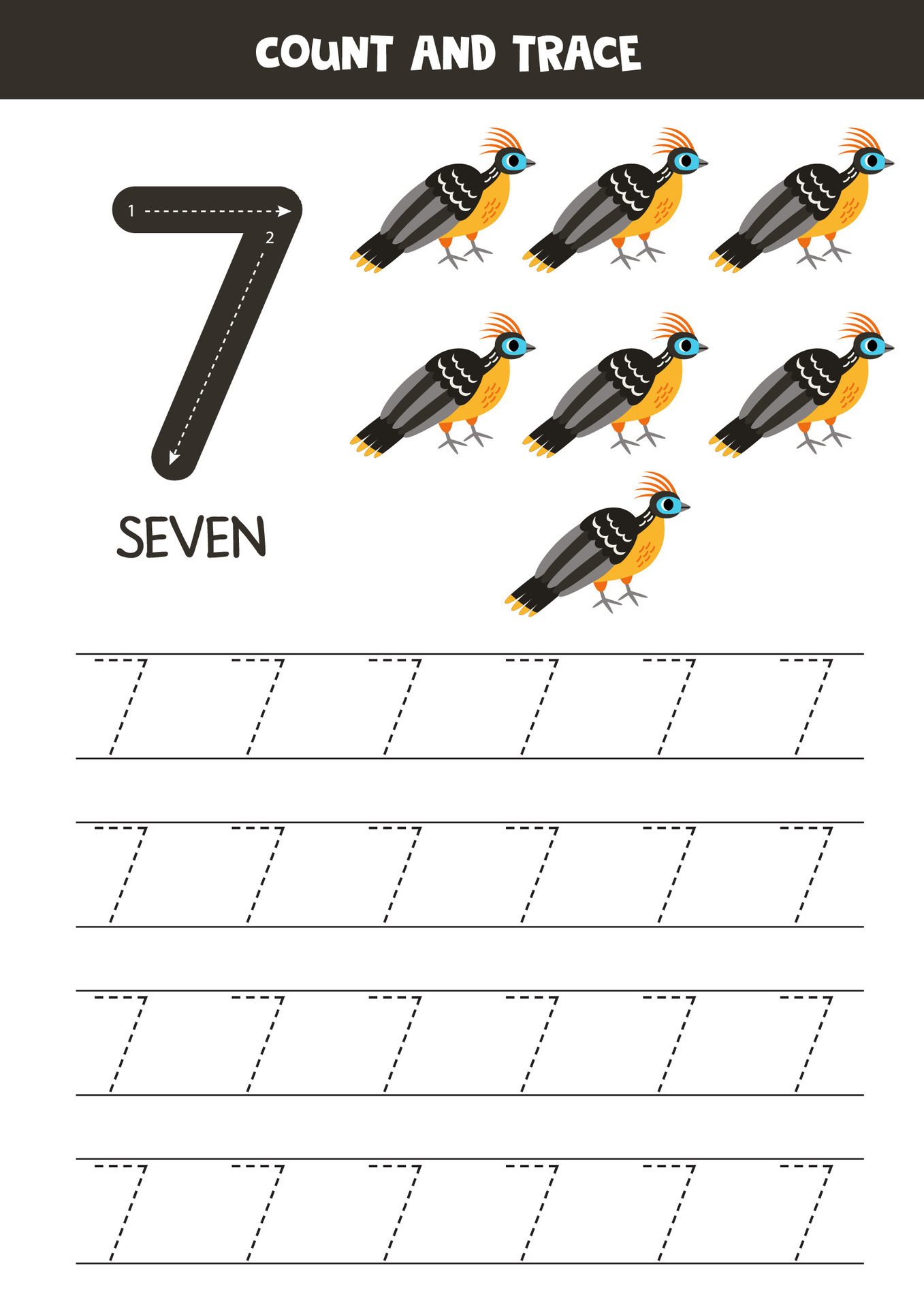 Numbers Tracing Practice Writing Number Seven Cute Cartoon Hoatzin