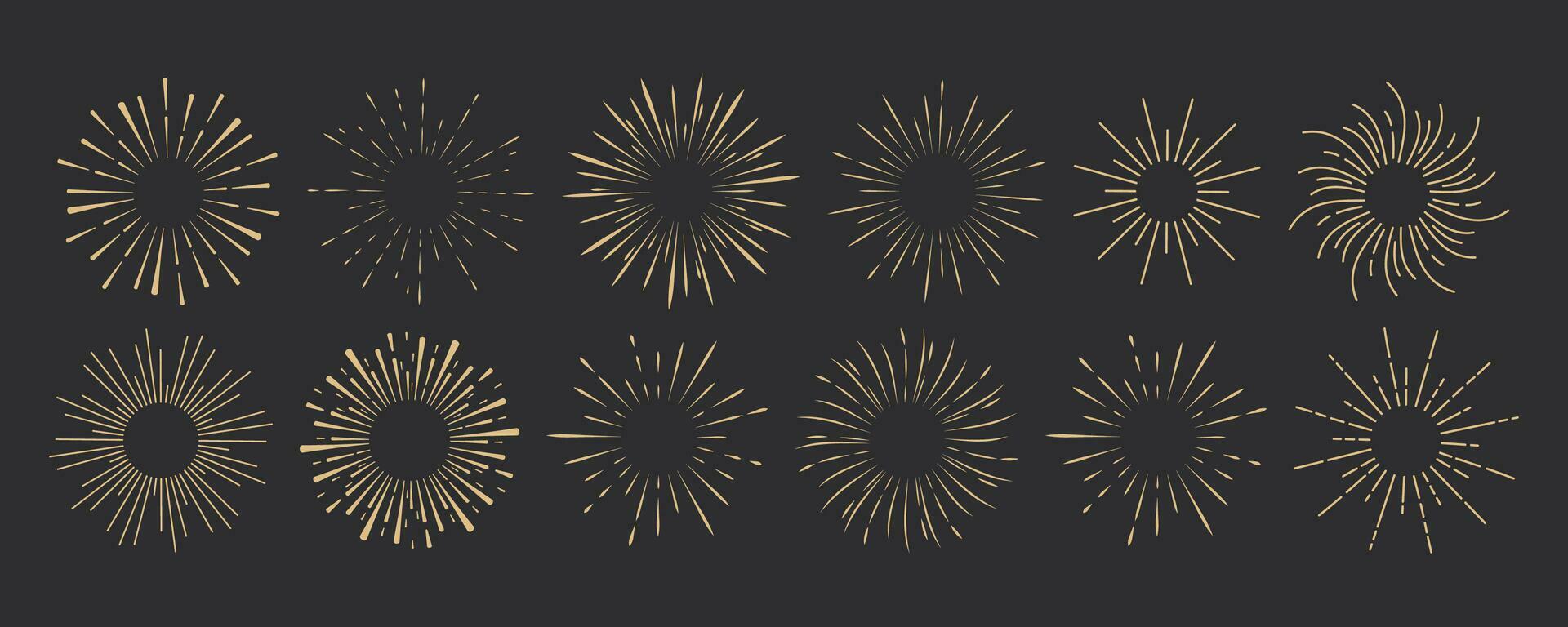Set golden Fireworks, rays, sunburst frames circle border decoration, sparkle in doodle style ...