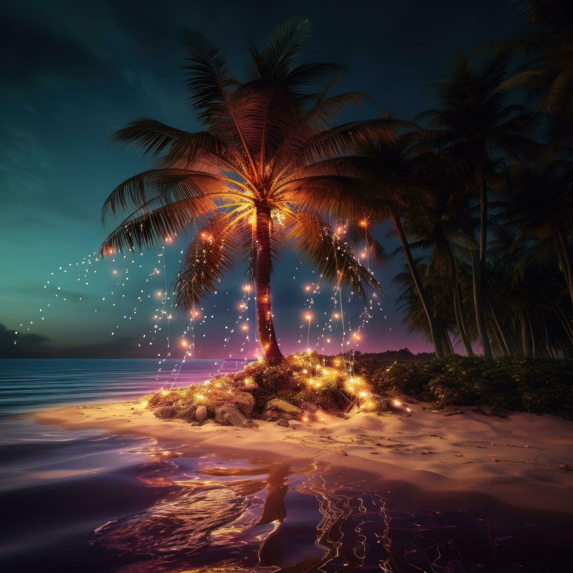 AI generated tropical palm tree at night with string lights, 35379547 Stock Photo at Vecteezy