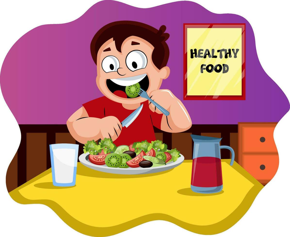 Happy boy eating healthy food illustration vector on white background ...