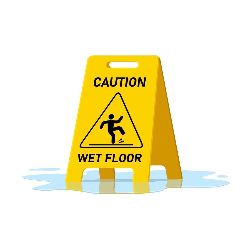 Wet Floor Caution Sign And Water Puddle Isolated On White Background