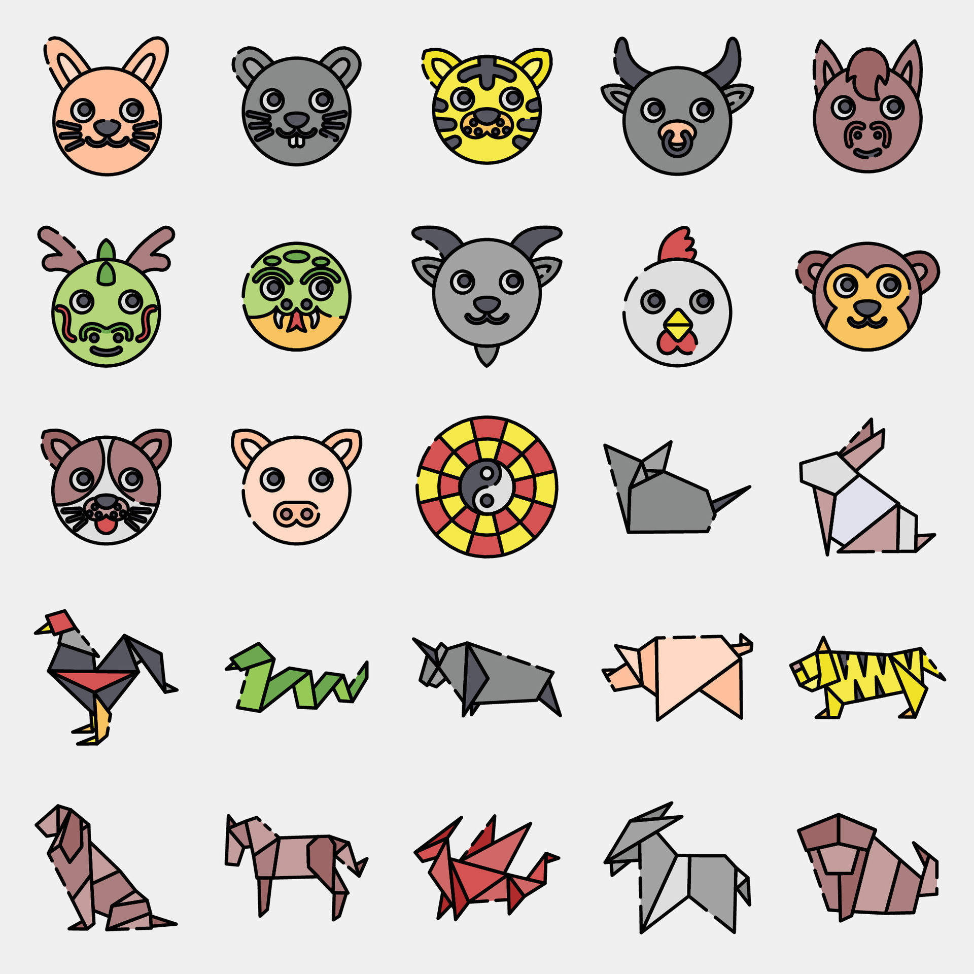 Icon Set Of Chinese Zodiac Chinese Zodiac Elements Icons In Filled Line Style Good For Prints