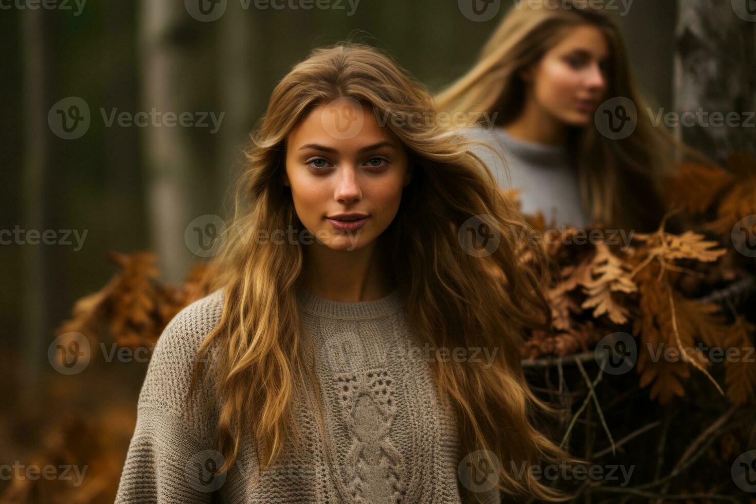 AI generated Girls in earth toned sweaters collecting pinecones, hygge concept 35405523 Stock ...