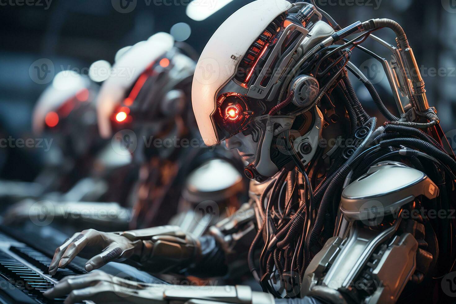 AI generated Harmonious fusion humanoid robots and musicians in futuristic concert, futurism ...