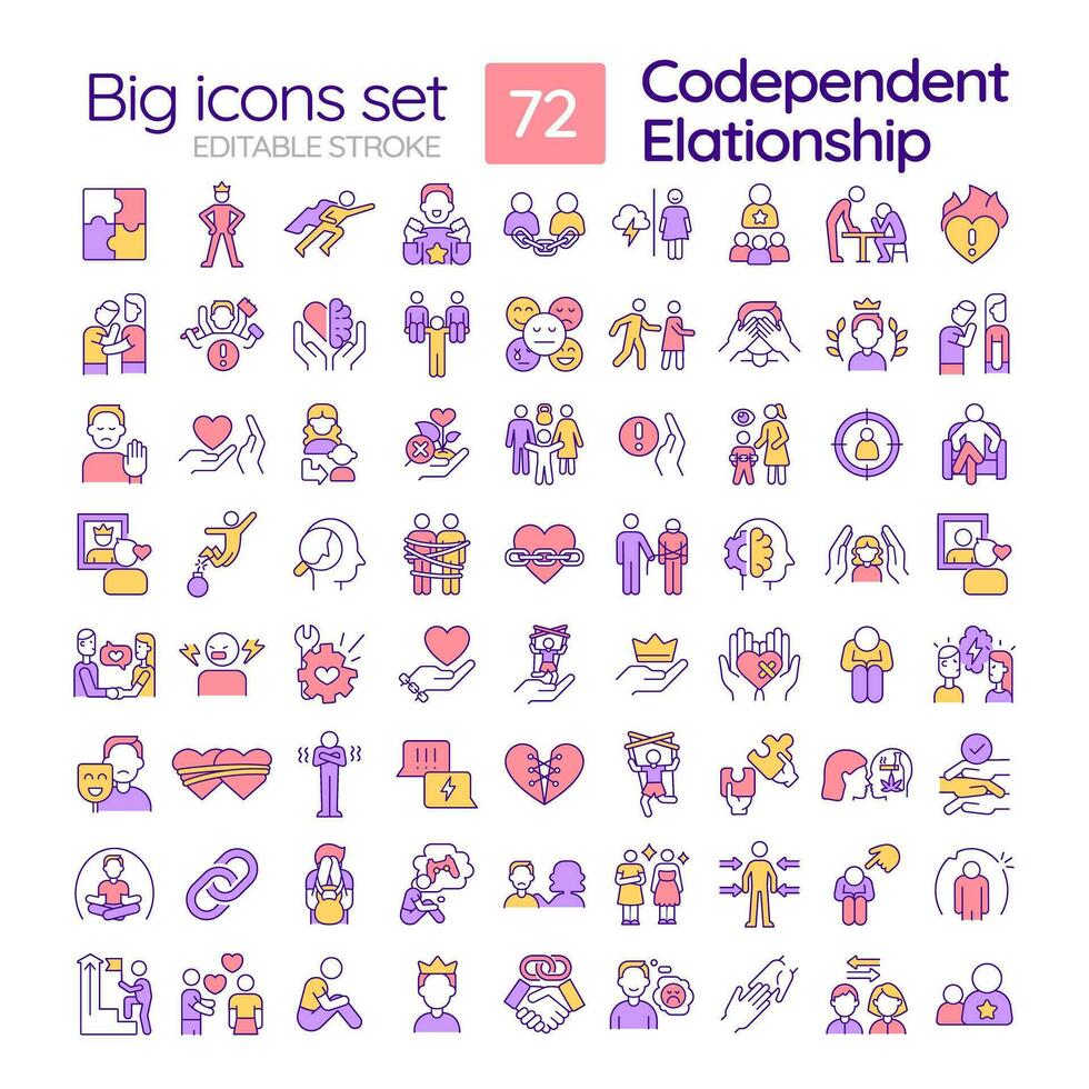 2d Editable Multicolor Big Line Icons Set Representing Codependent