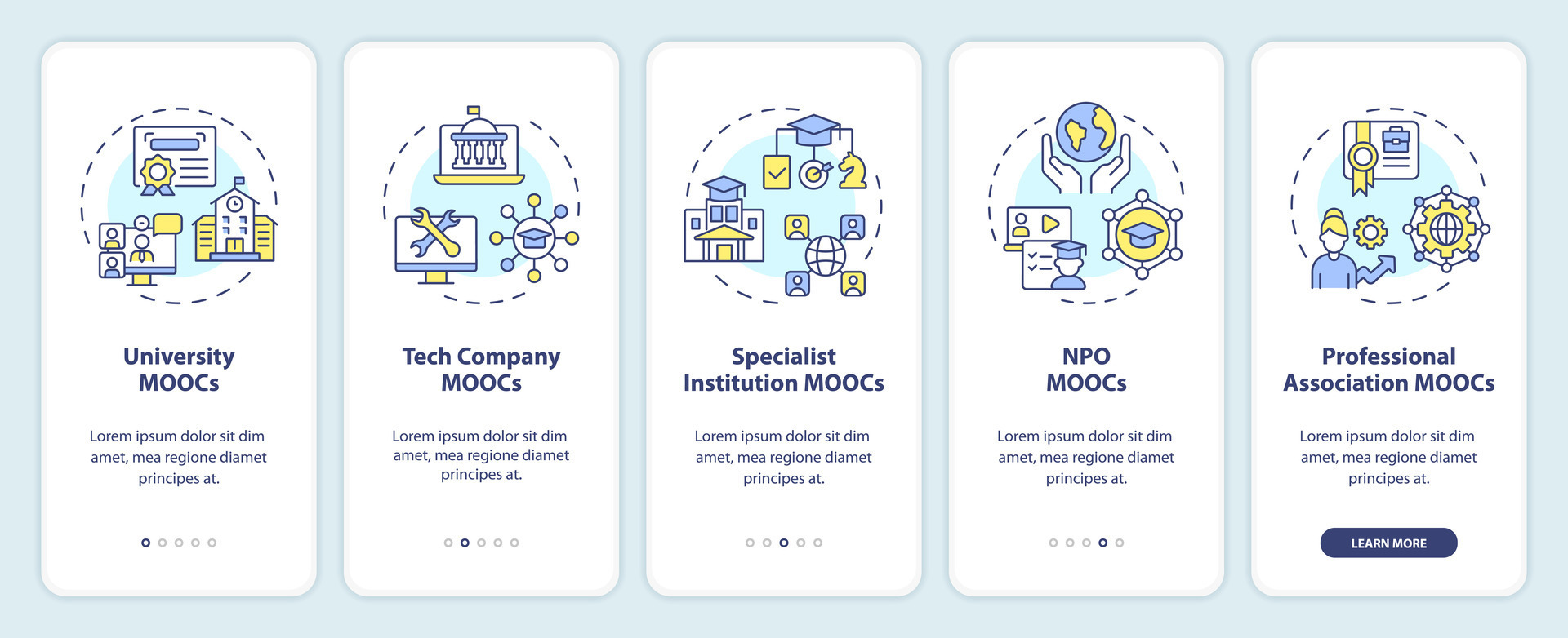 2D icons representing MOOC mobile app screen set. Walkthrough 5 steps colorful graphic ...