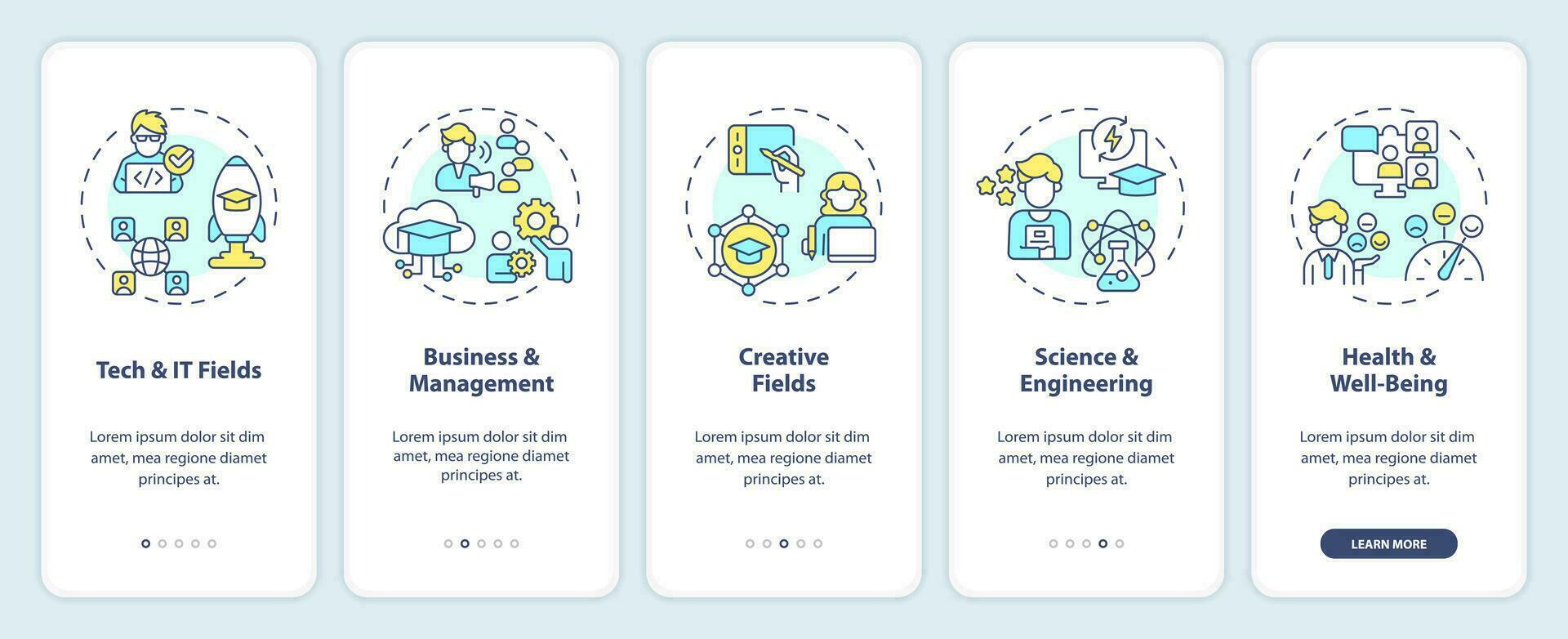 2d Icons Representing Mooc Mobile App Screen Set Walkthrough 5 Steps Multicolor Graphic