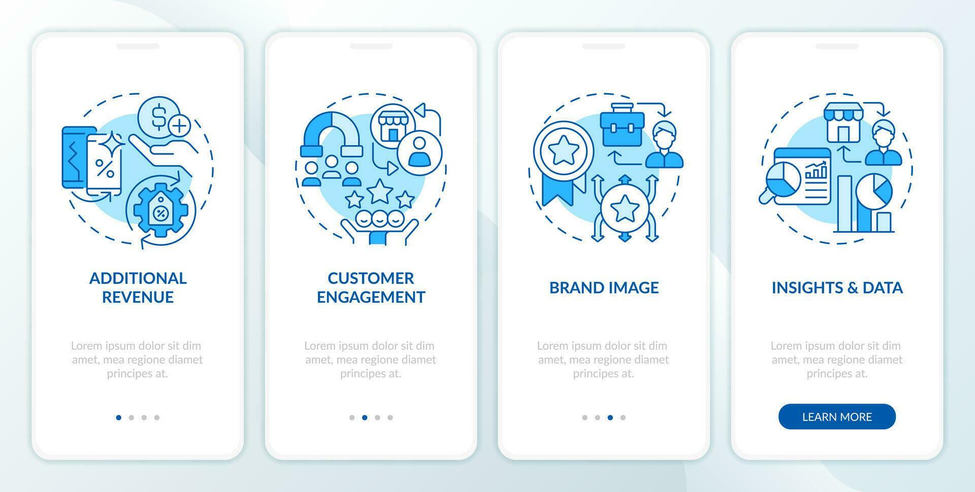 2D icons representing C2C mobile app screen set. Walkthrough 5 steps ...