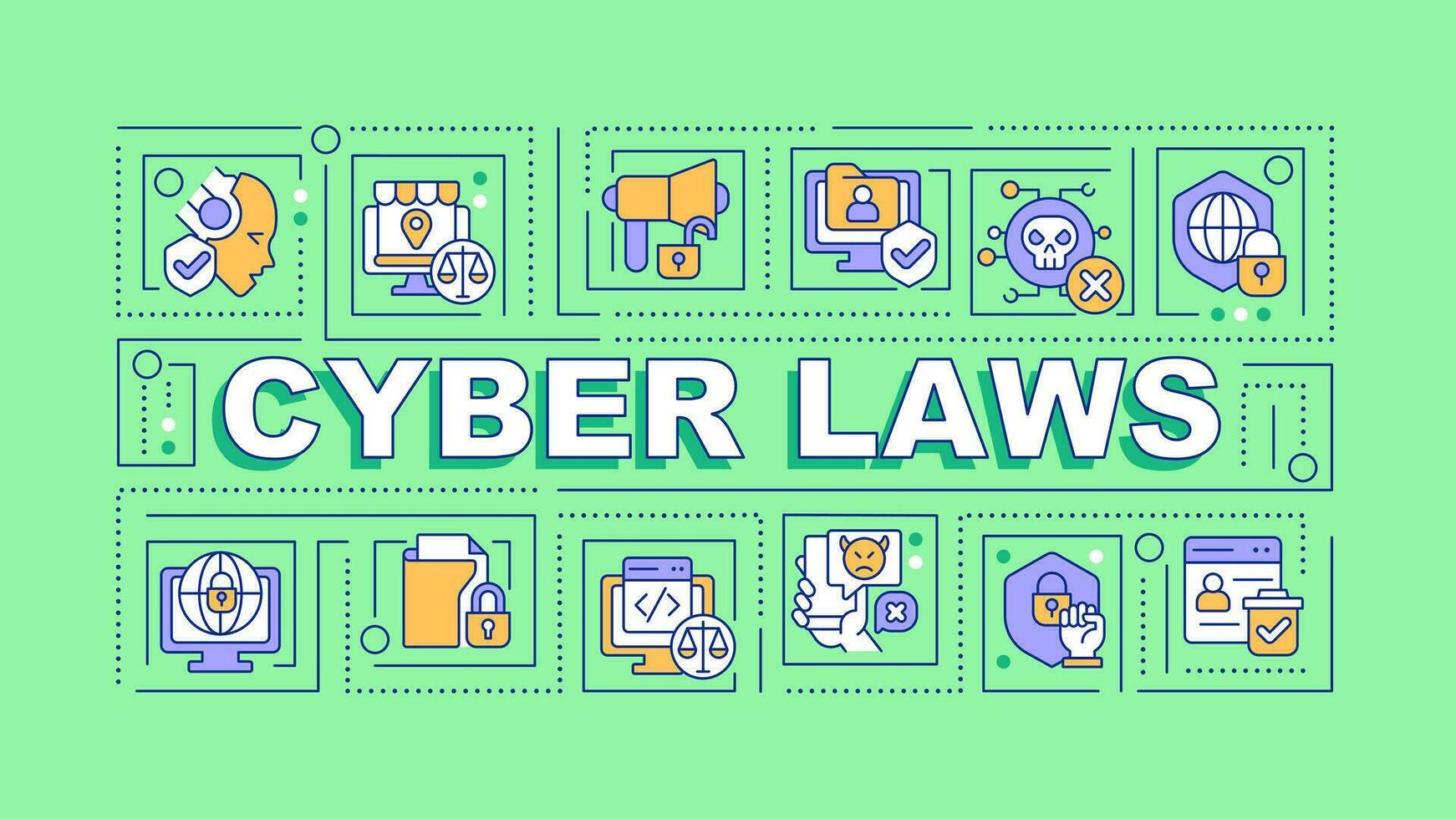 Cyber Laws Text With Various Thin Line Icons Concept On Green Monochromatic Background Editable