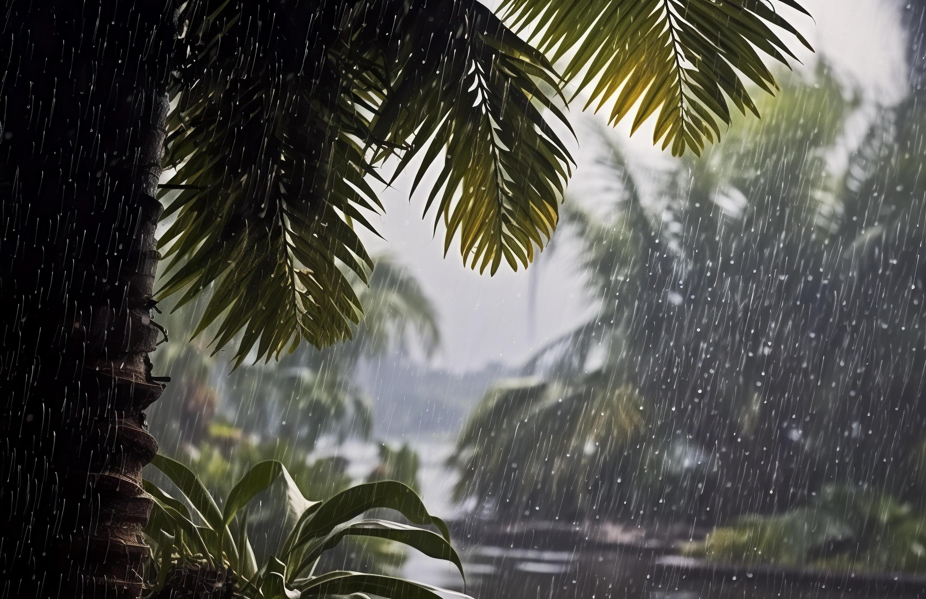 AI generated Rain in the tropics during the low season or monsoon season. Raindrops in a garden ...