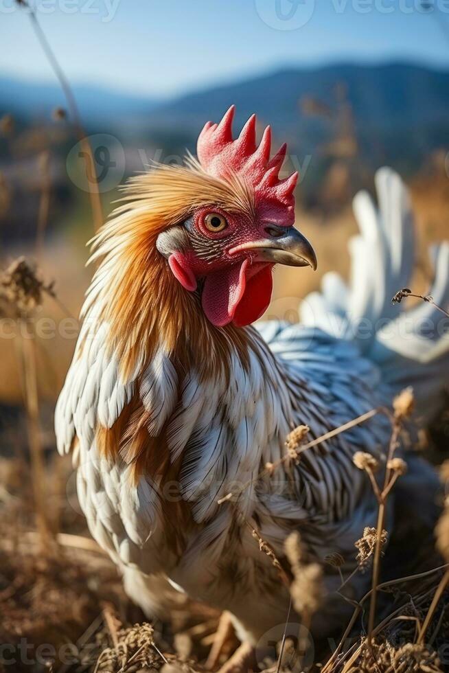 AI generated Chickens in a farm field created with generative AI ...
