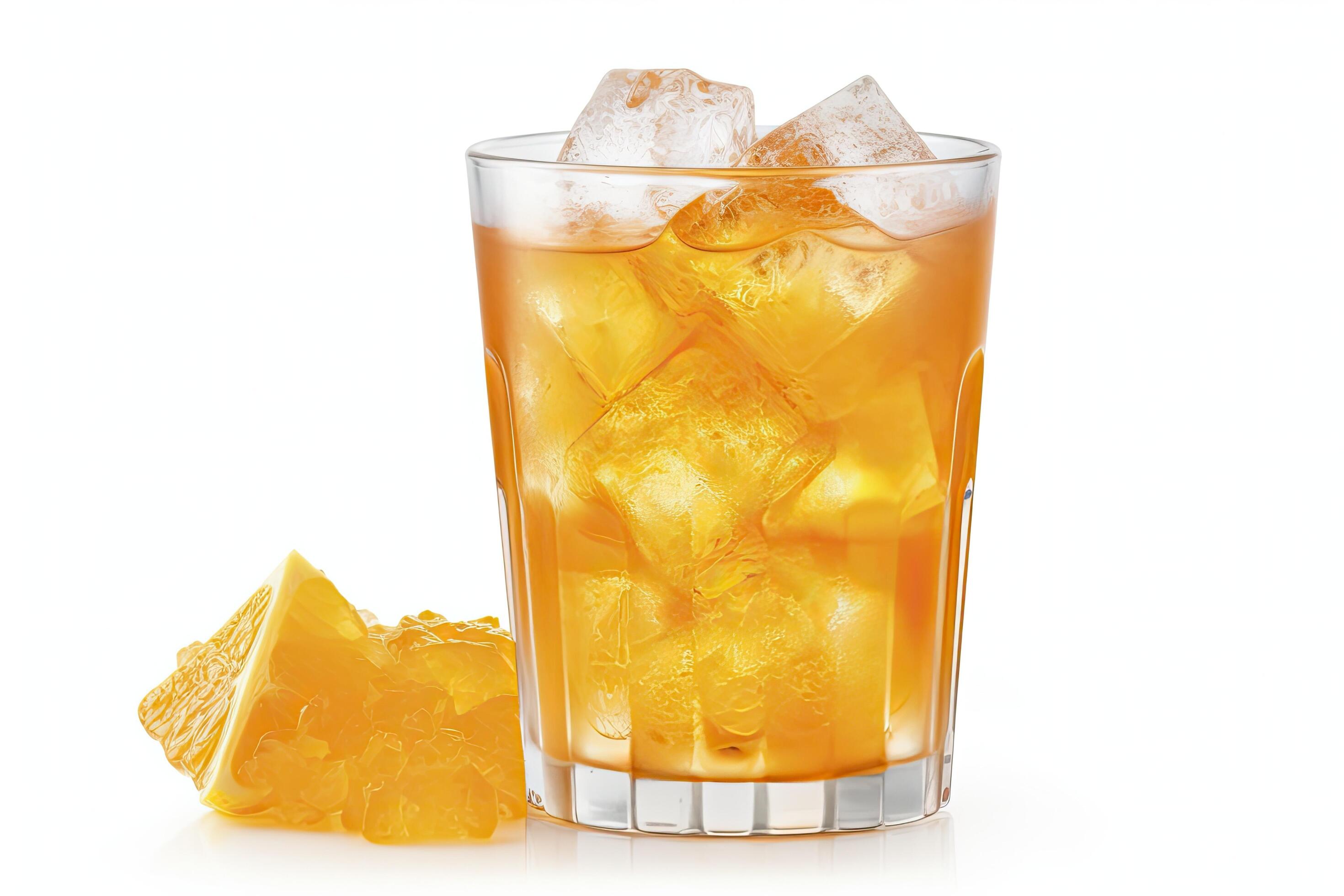 AI generated A glass of orange soda water with ice cubes on white background. AI Generated ...