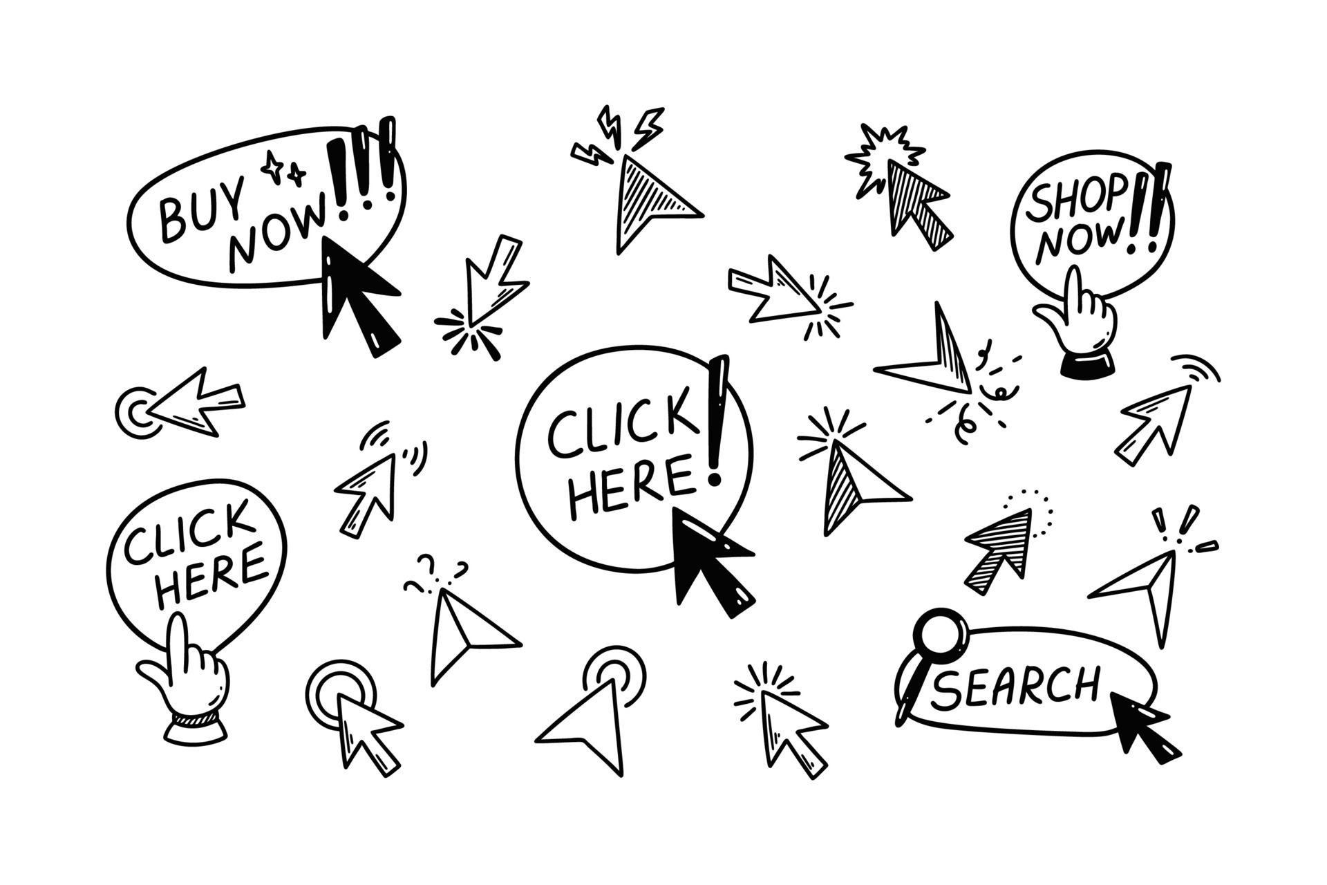 Doodle click icon set. Hand drawn mouse cursor. Press here tap button. Arrow and finger pointer ...