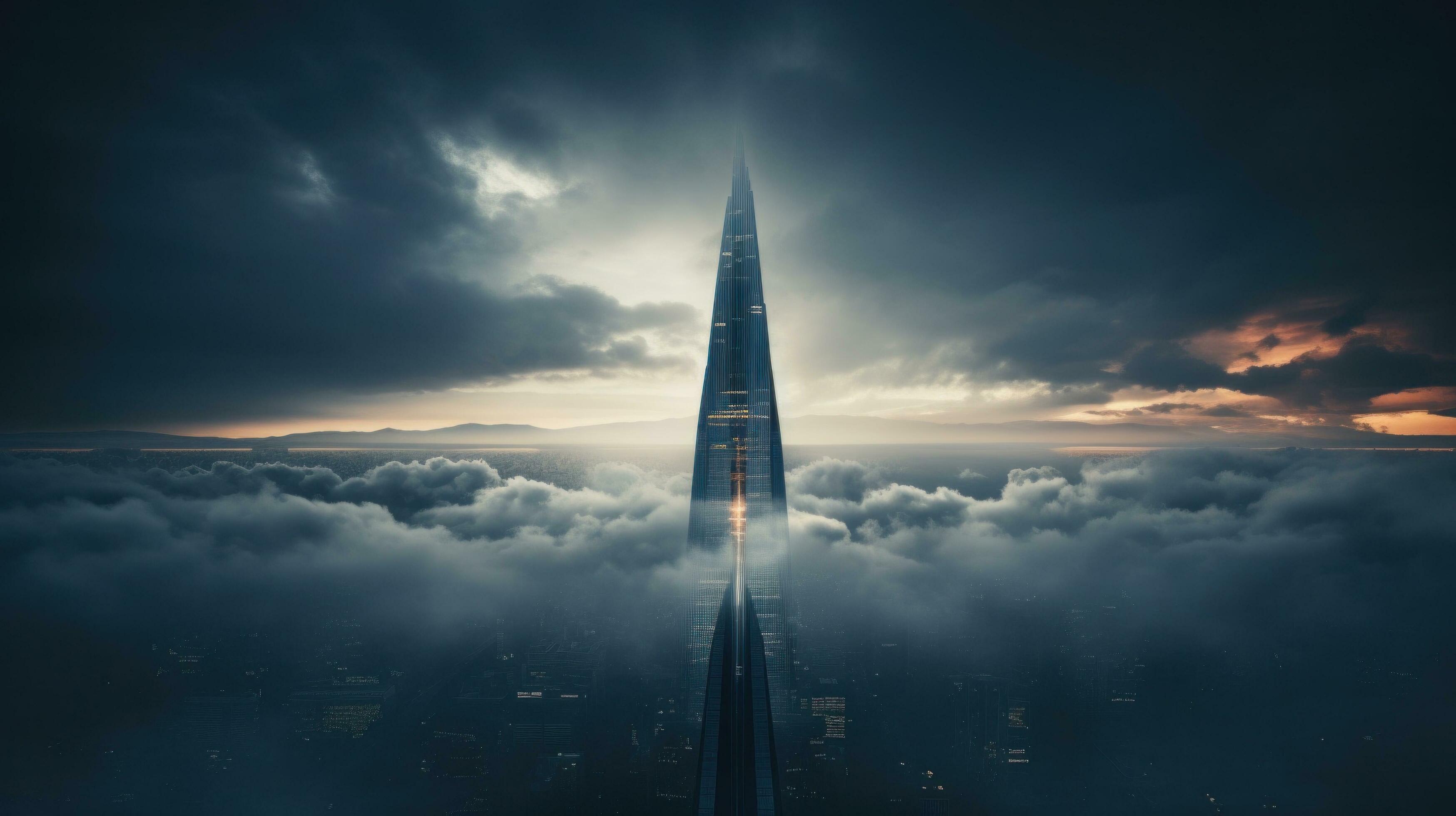AI generated skyscraper piercing through a blanket of clouds, the power and ambition of modern ...