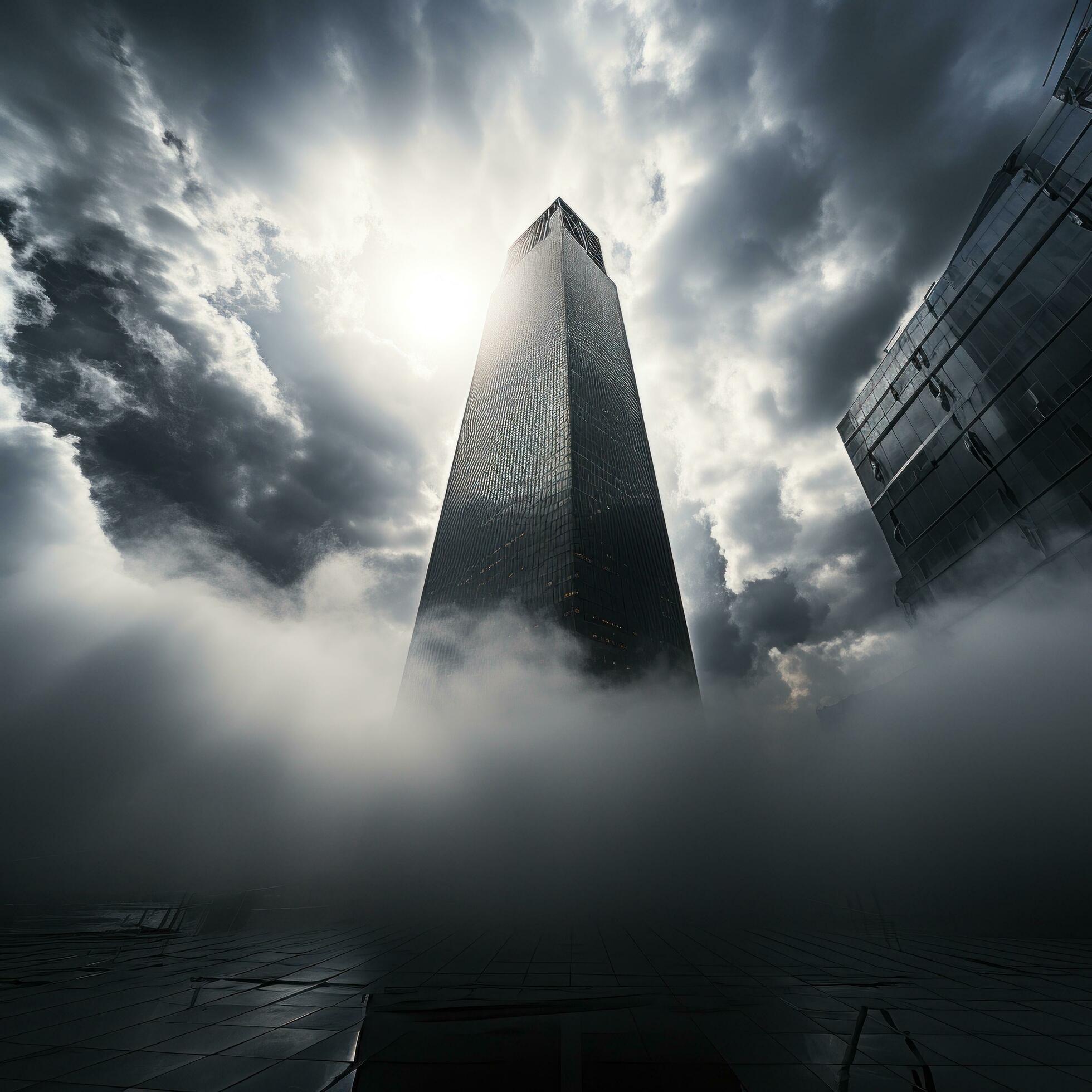 AI generated skyscraper piercing through a blanket of clouds, the power and ambition of modern ...