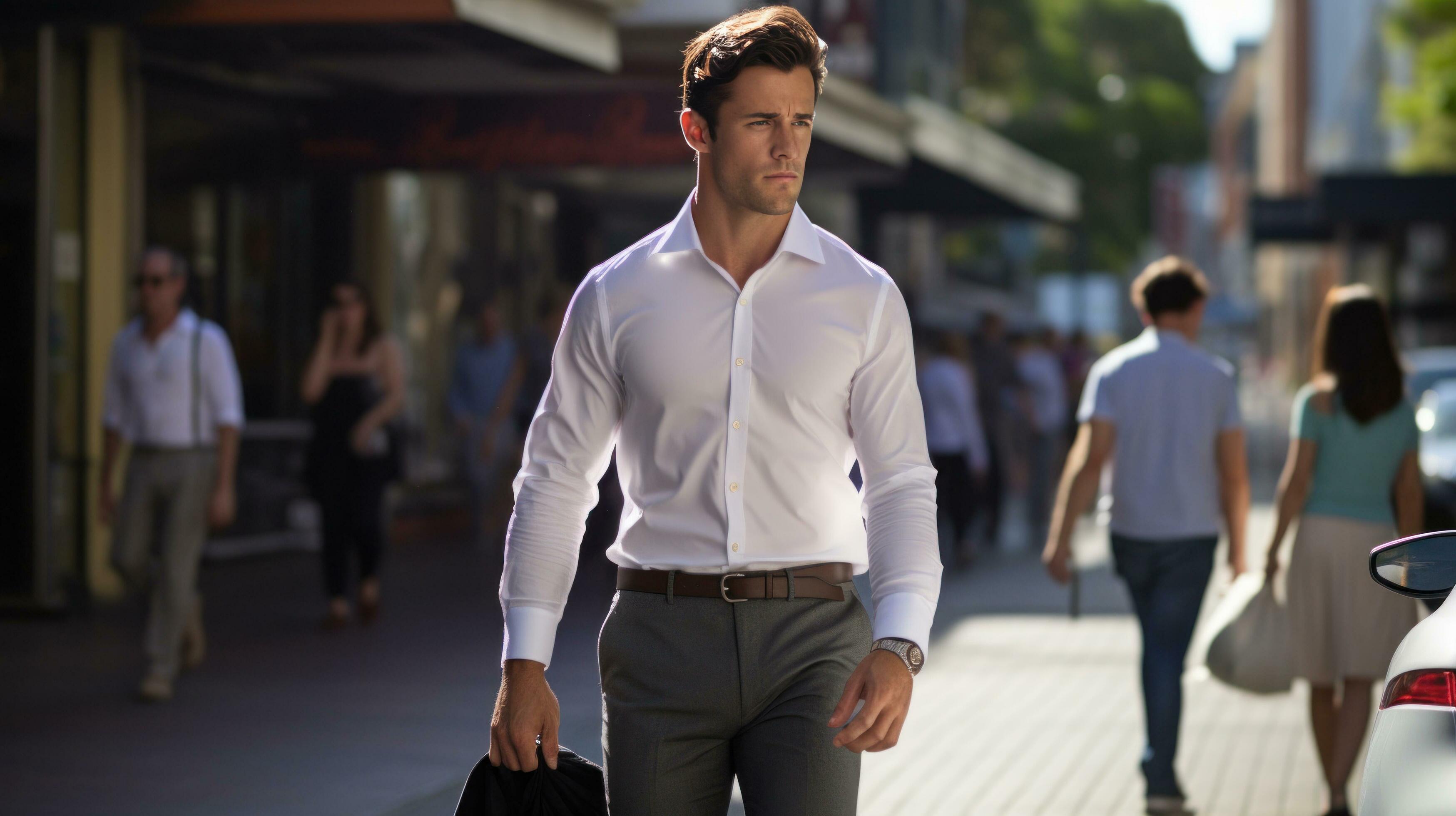 AI generated man wearing a crisp white shirt and tailored black pants, walking confidently down ...