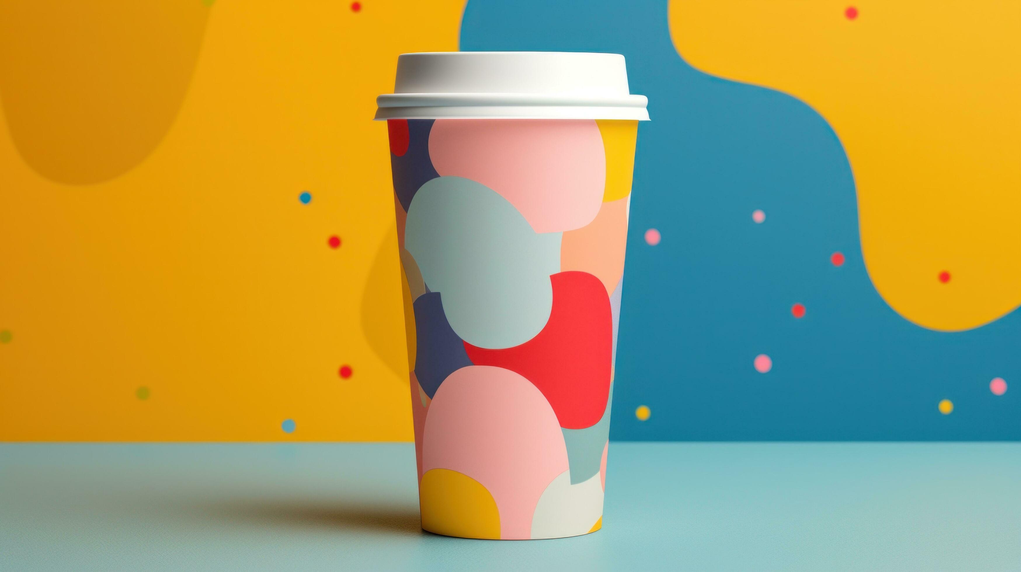 AI generated paper coffee cup with blank front, realistic on a mockup template in a colorful ...