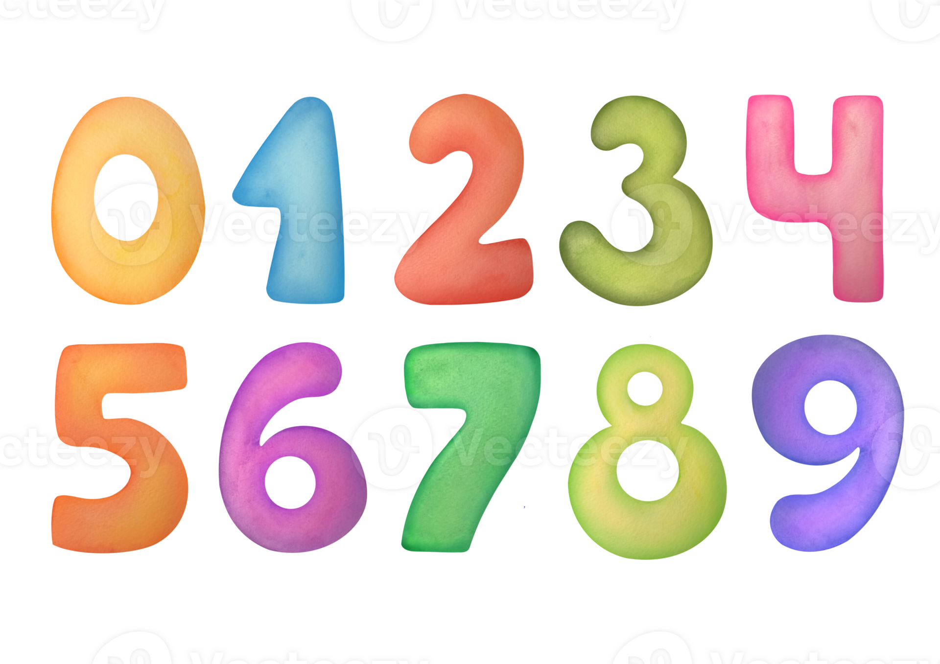 cutout Watercolor various multicolored numbers from 1 to 0 collection on transparent background ...