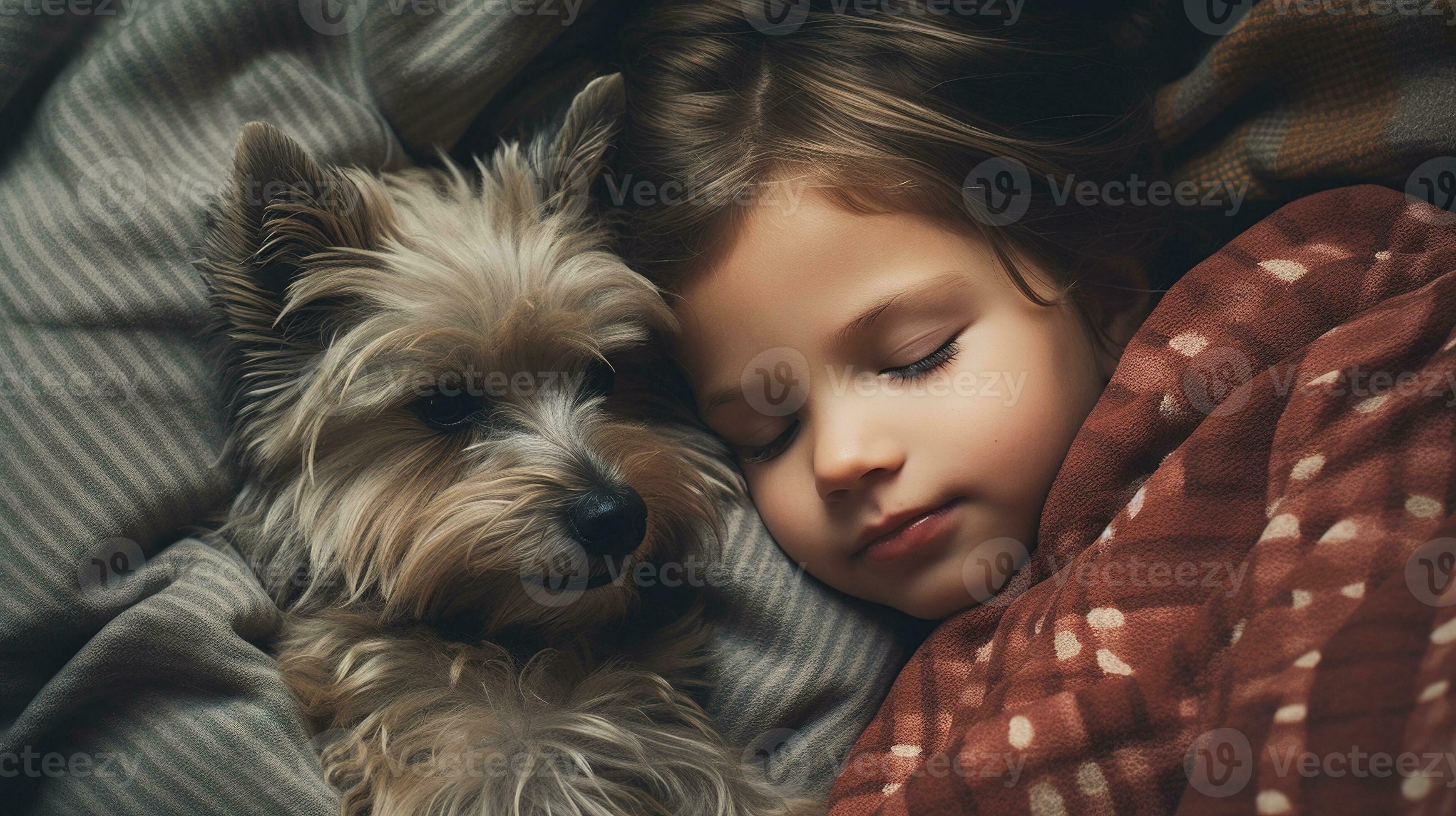 AI generated Generative AI, cute child and dog sleeping on cozy warm blanket in the bed ...
