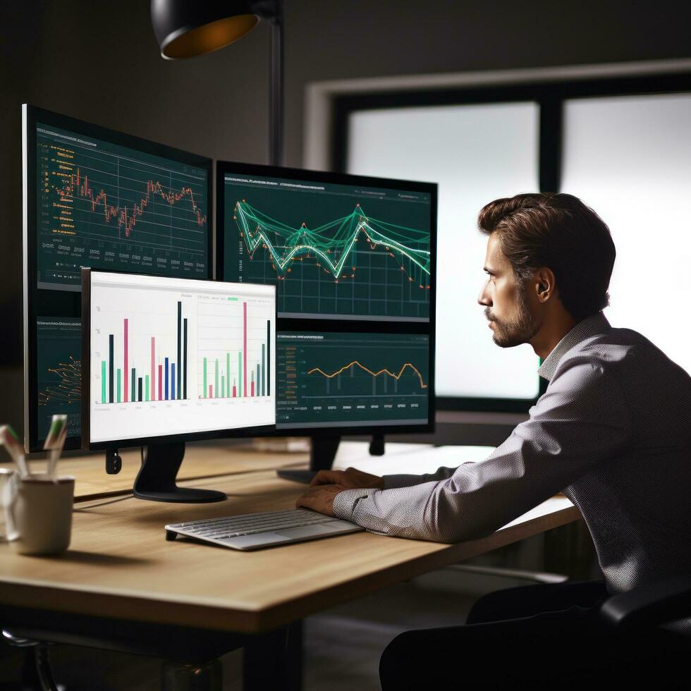 AI generated person sitting at a desk, looking at a computer screen ...