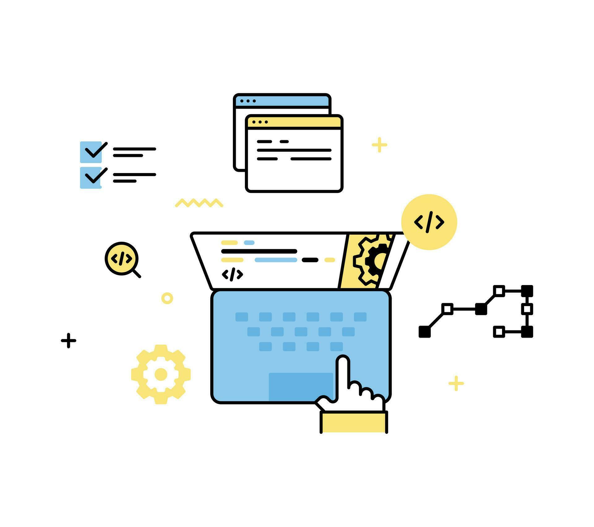Software Developer Programming Control And Program Coding On Laptop Screen Vector Illustration