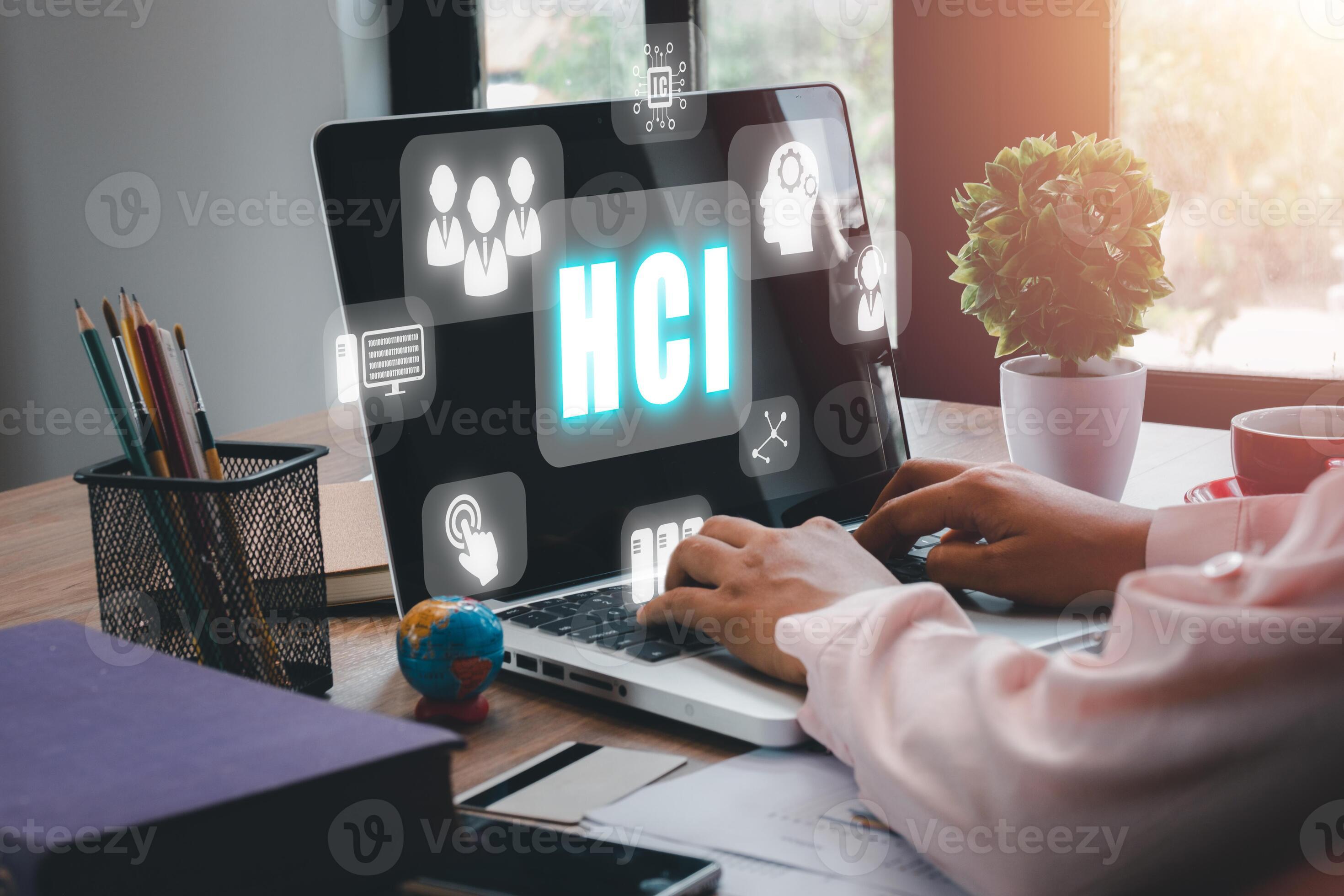 Hci Concept Human Computer Interaction Person Hand Using Computer On Office Desk With Hci Icon