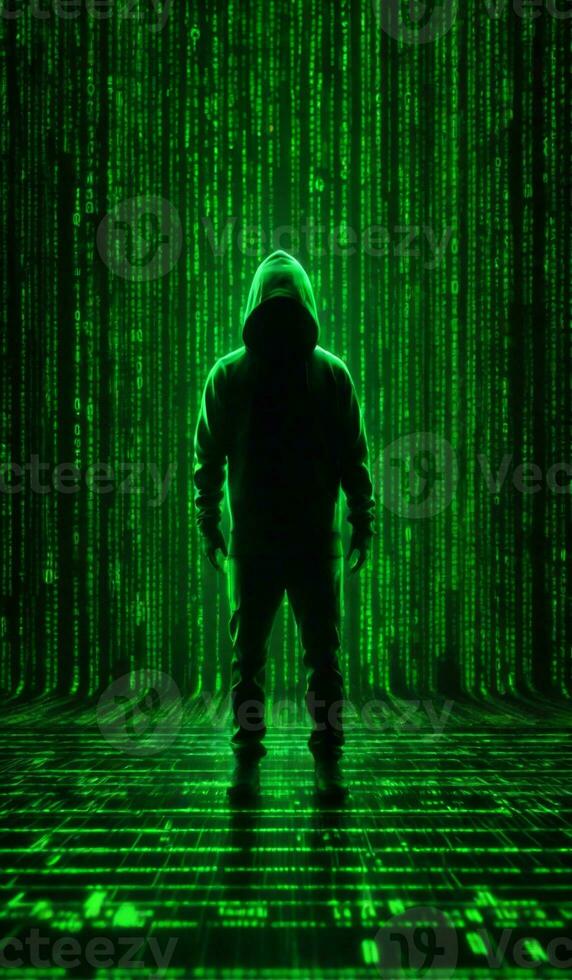 AI generated hacker in a hood on the background of a computer ...
