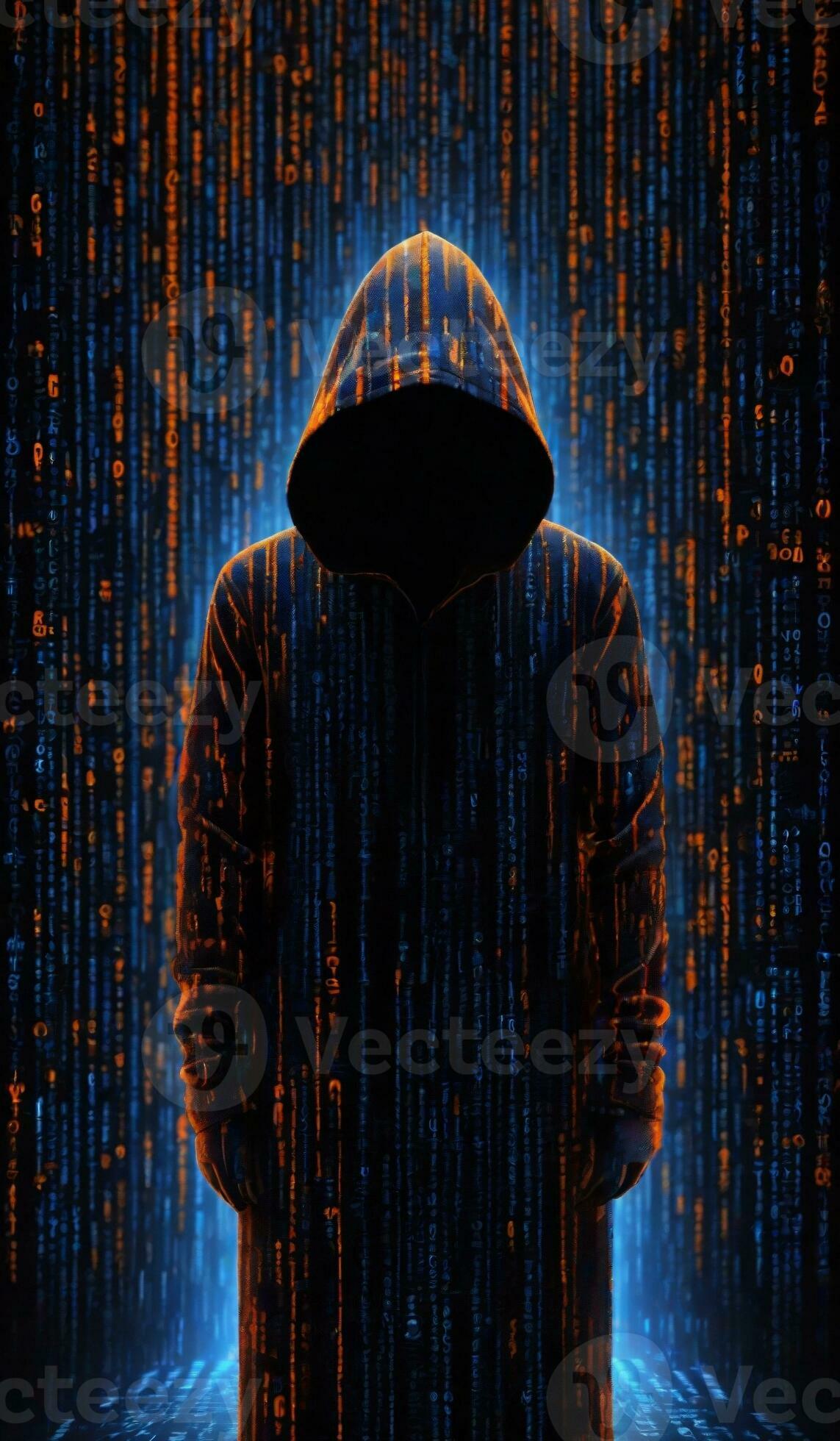 AI generated hacker in a hood on the background of a computer ...