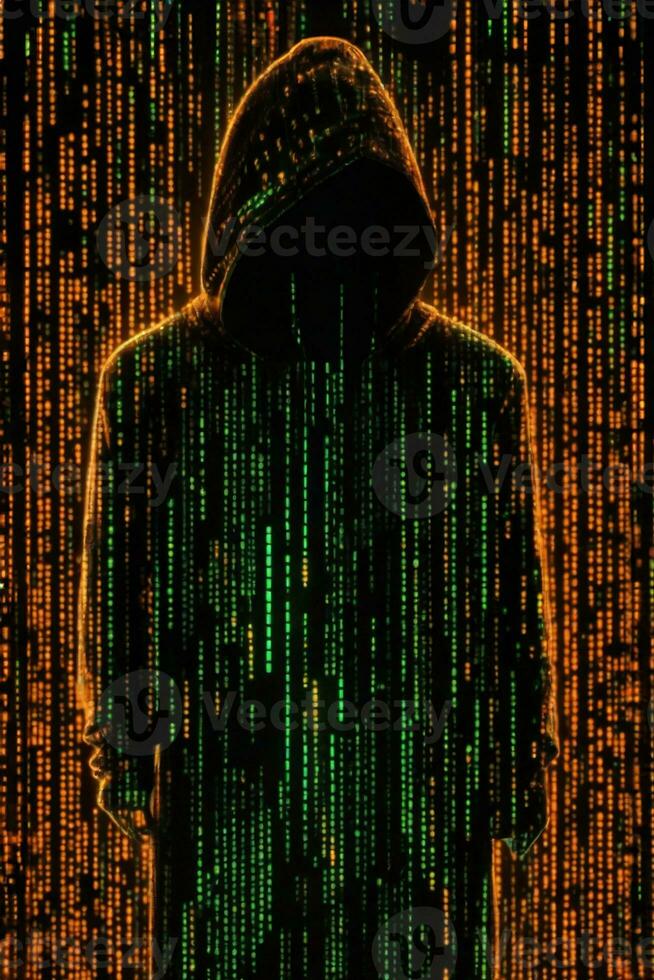AI generated hacker in a hood on the background of a computer ...