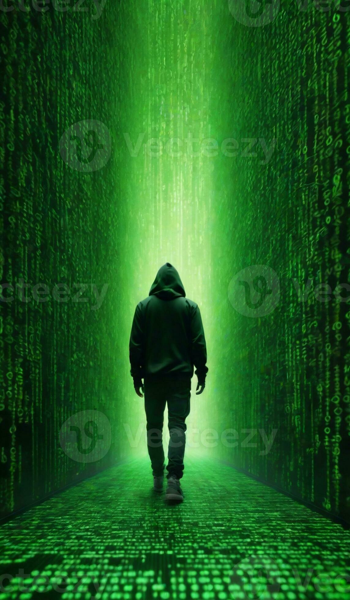 AI generated hacker in a hood on the background of a computer ...