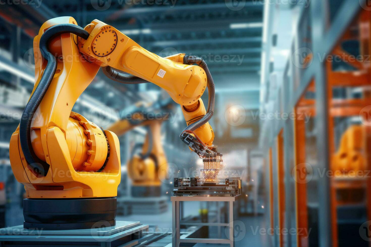 AI generated Robotic arm for electronic assembly line. Smart modern factory automation using ...