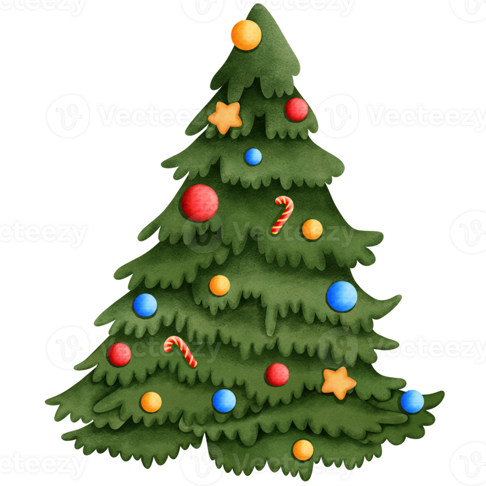 Watercolor christmas tree with christmas lights and ornaments clipart ...