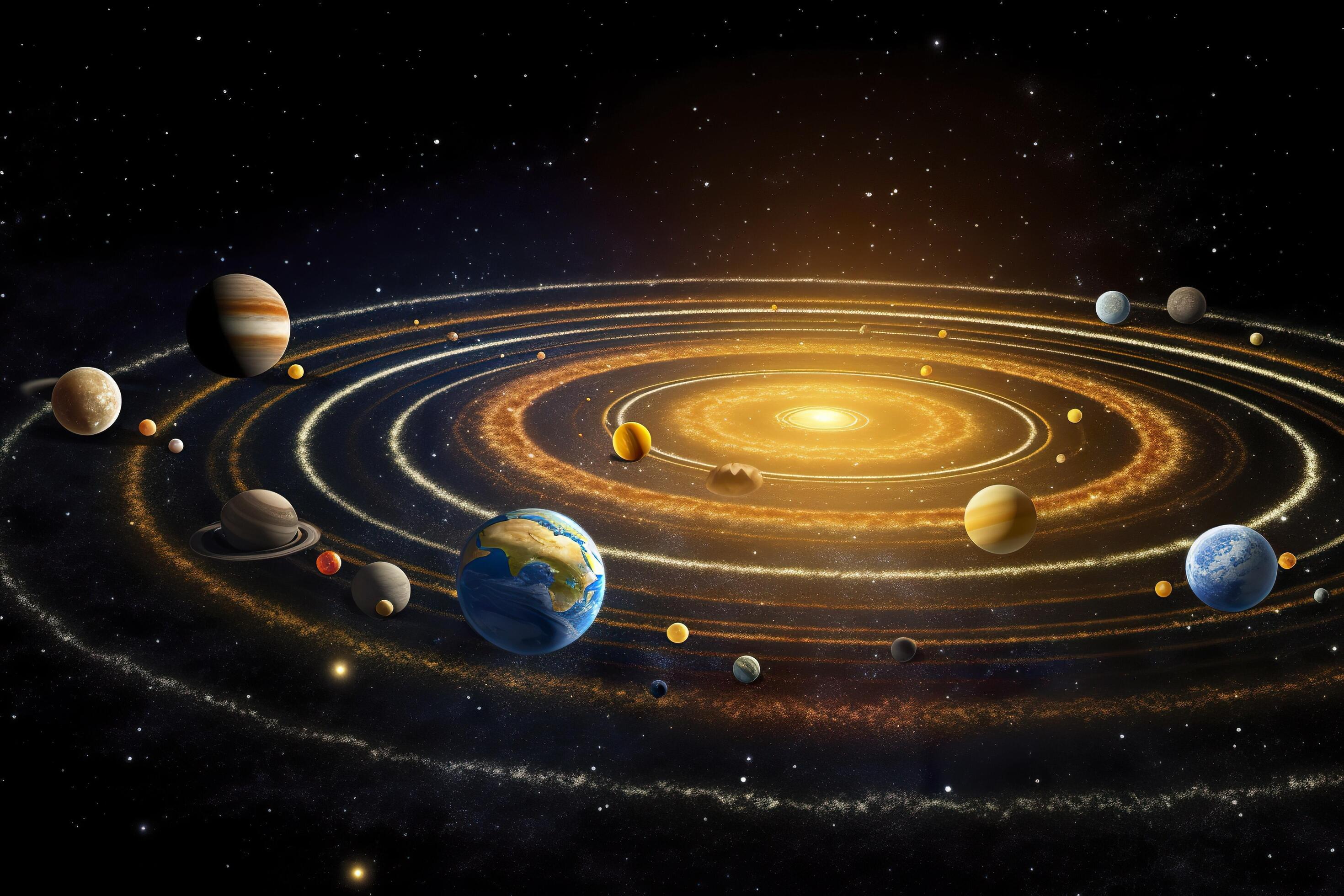 AI generated Our 3d Solar system with planets in orbits path. AI ...