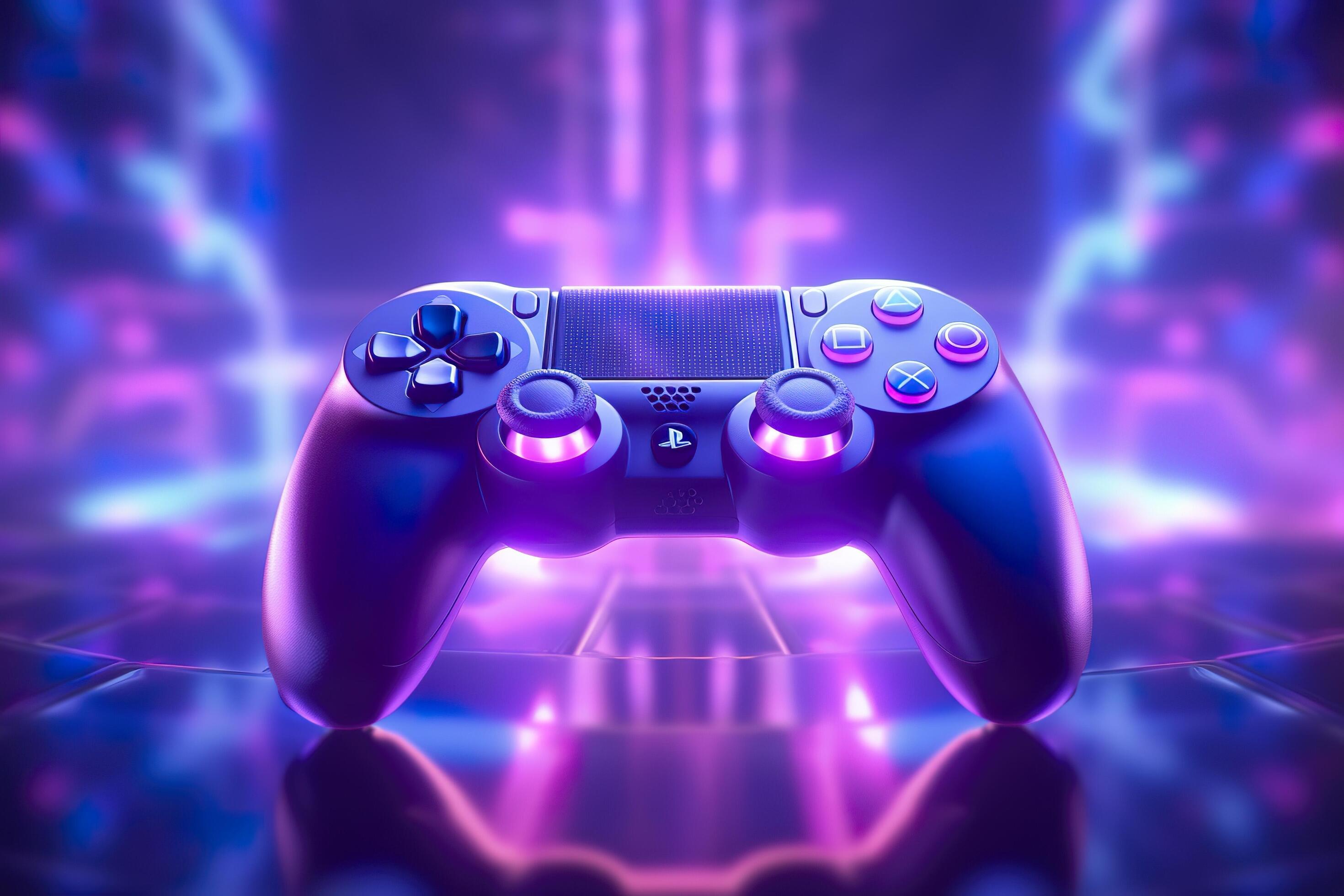 AI generated Video game controller with bright neon light streaks ...