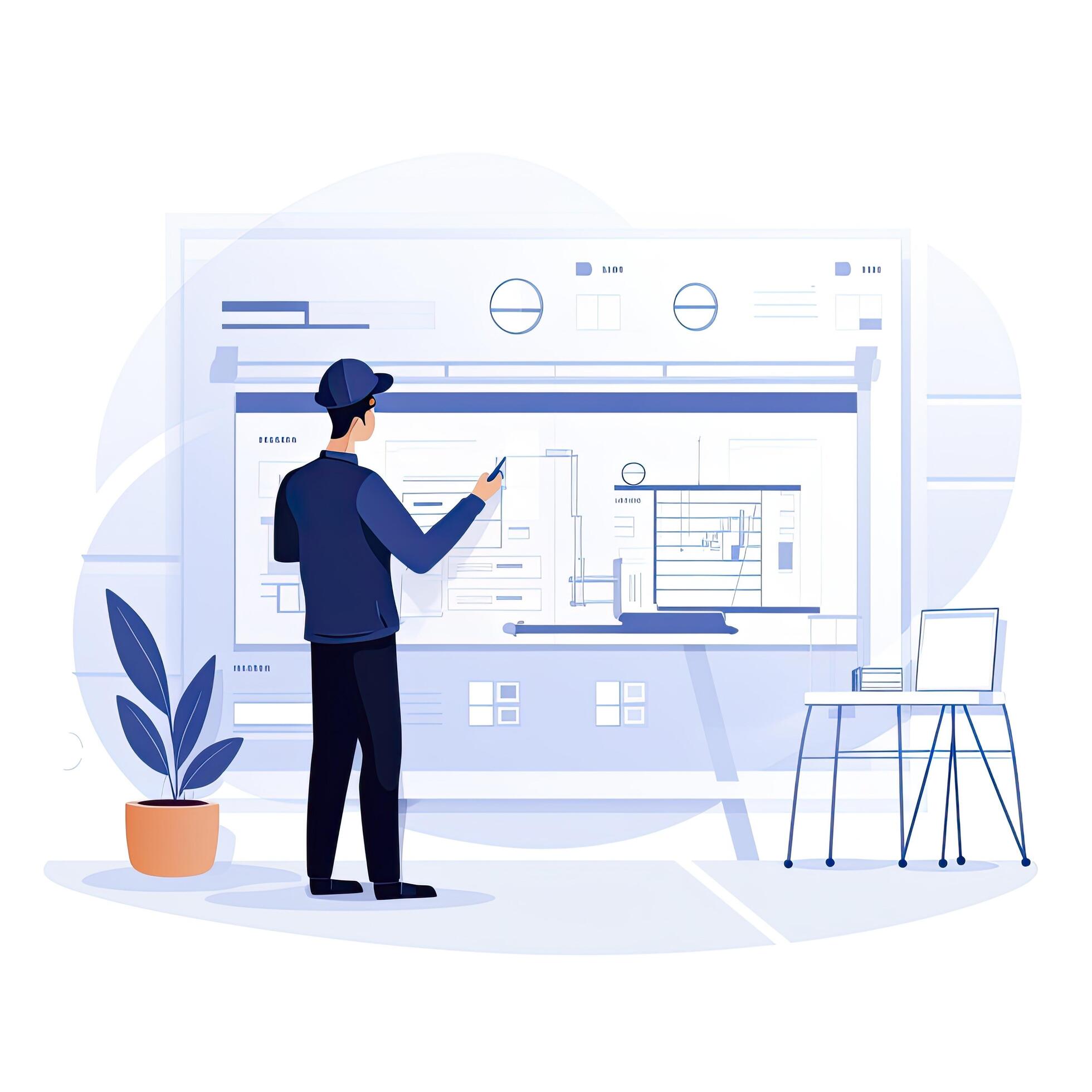 AI generated Minimalist UI illustration of an architect drawing blueprints in a flat ...