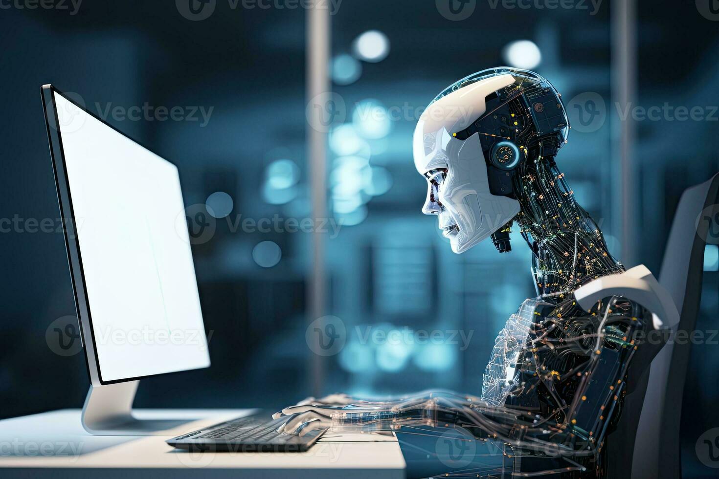 AI Generated Robot sitting at desk with laptop computer in front of him ...