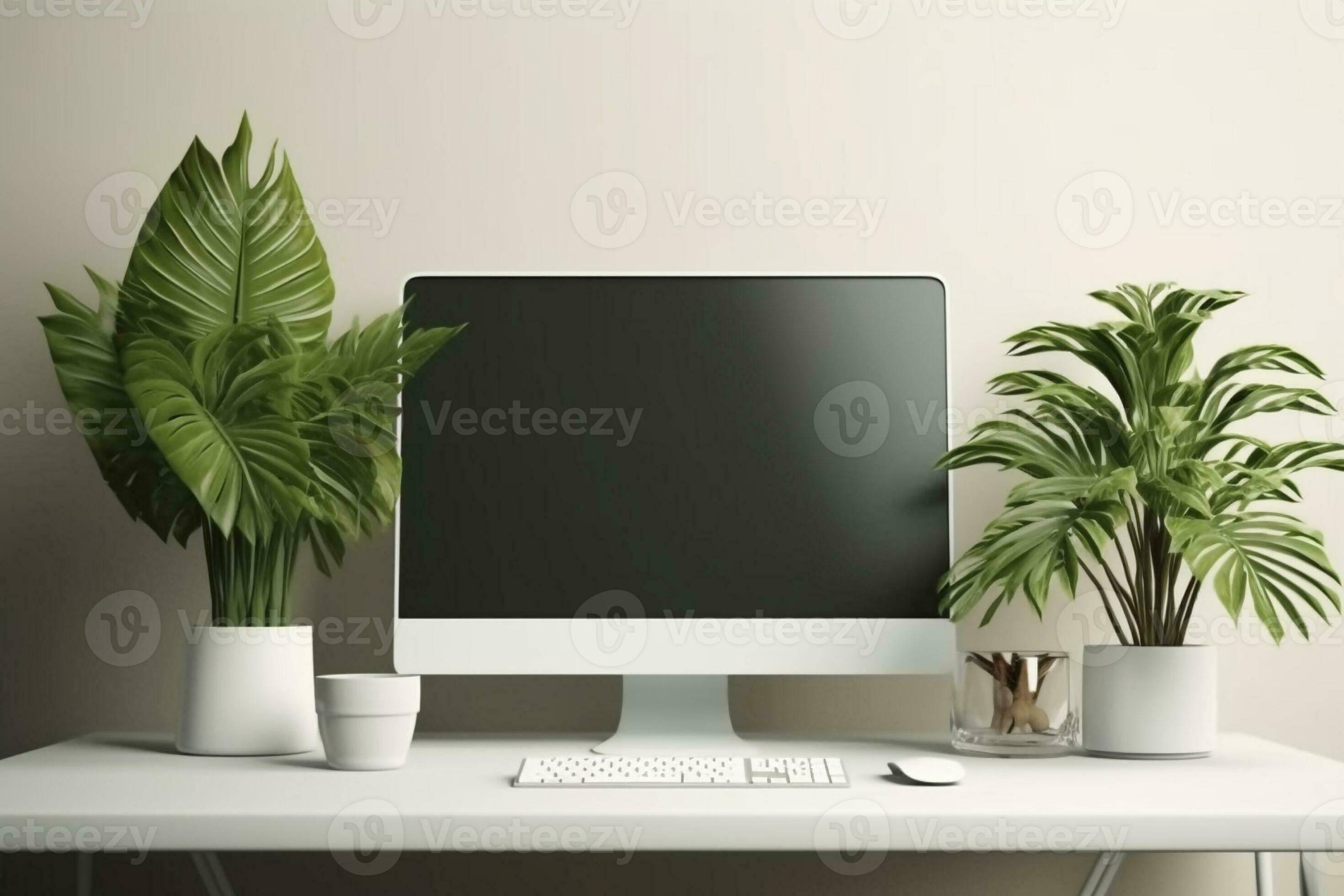 AI generated Serene Workspace with a Computer and Lush Greenery Created ...