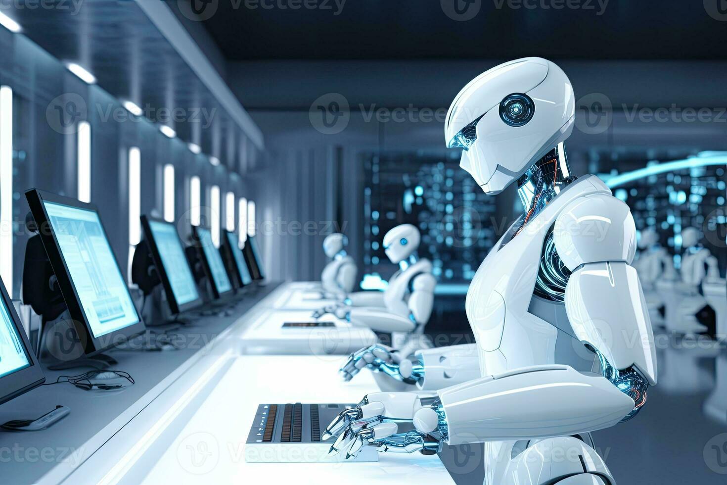 AI Generated Robot sitting at desk with laptop computer in front of him ...