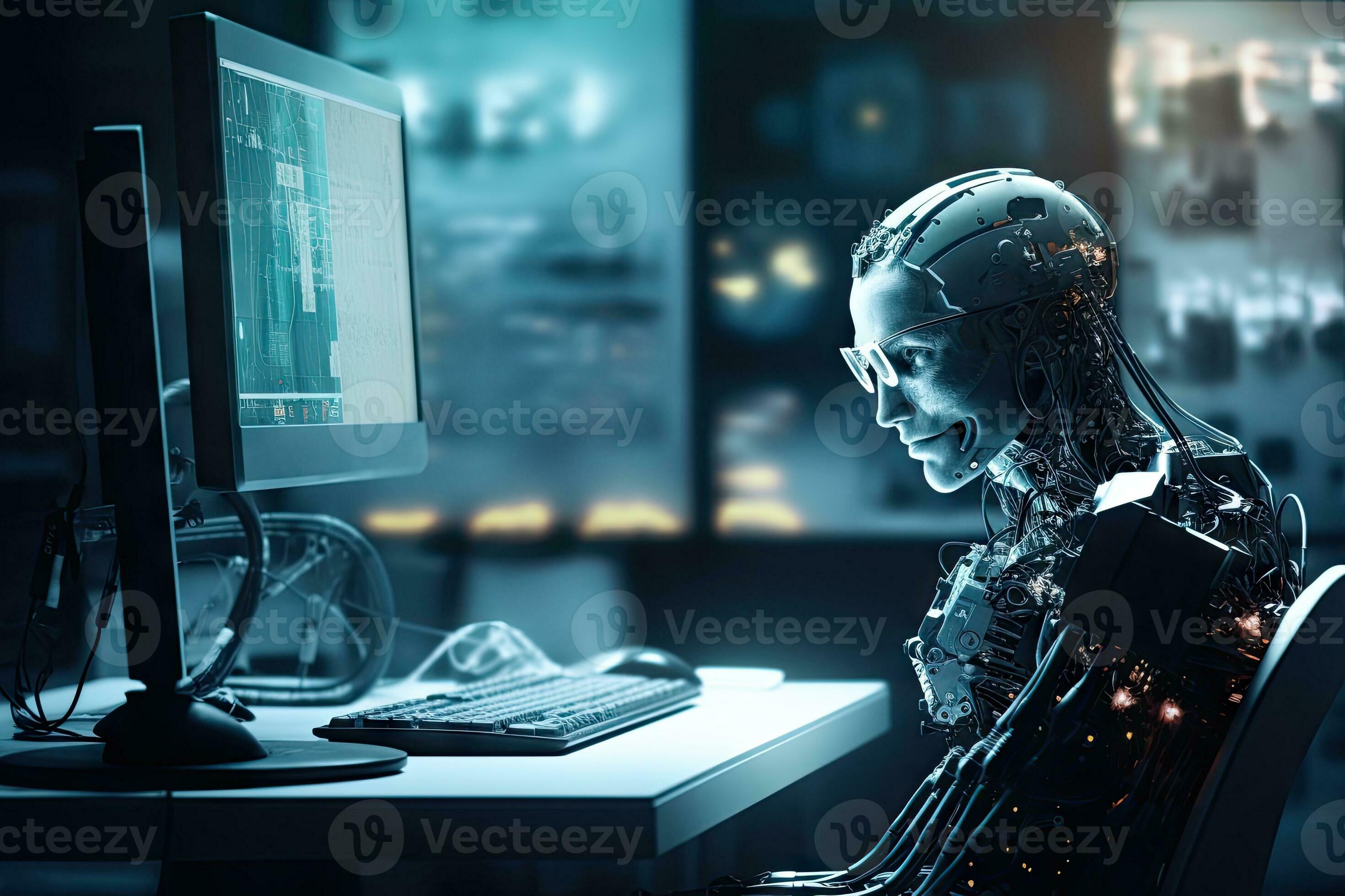 AI Generated Robot sitting at desk with laptop computer in front of him ...