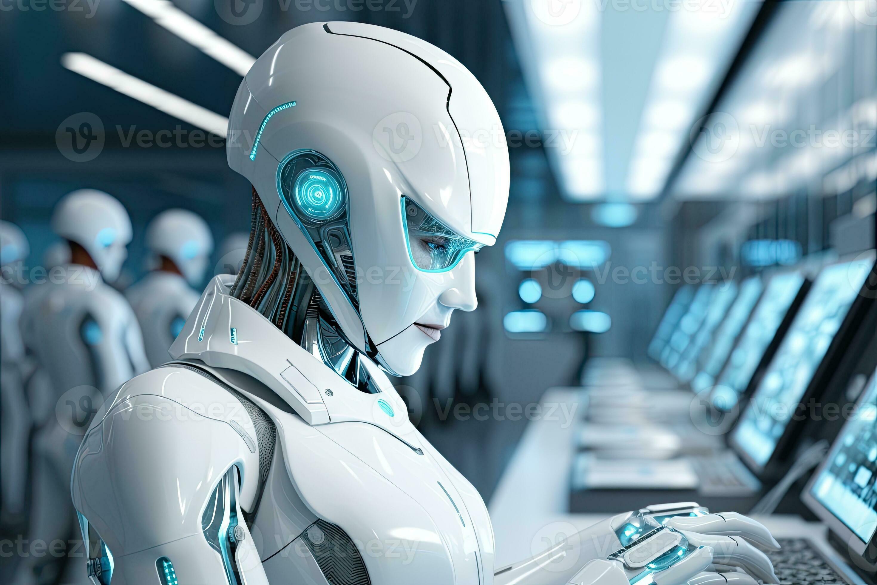 AI Generated Robot sitting at desk with laptop computer in front of him ...