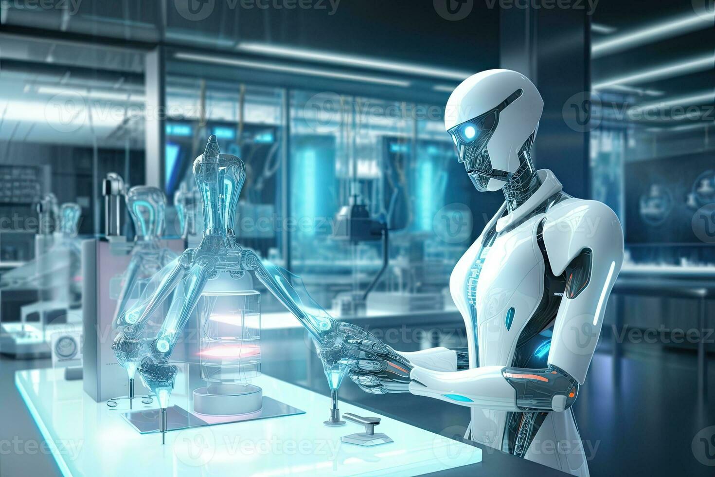 AI Generated Robot sitting at desk with laptop computer in front of him ...