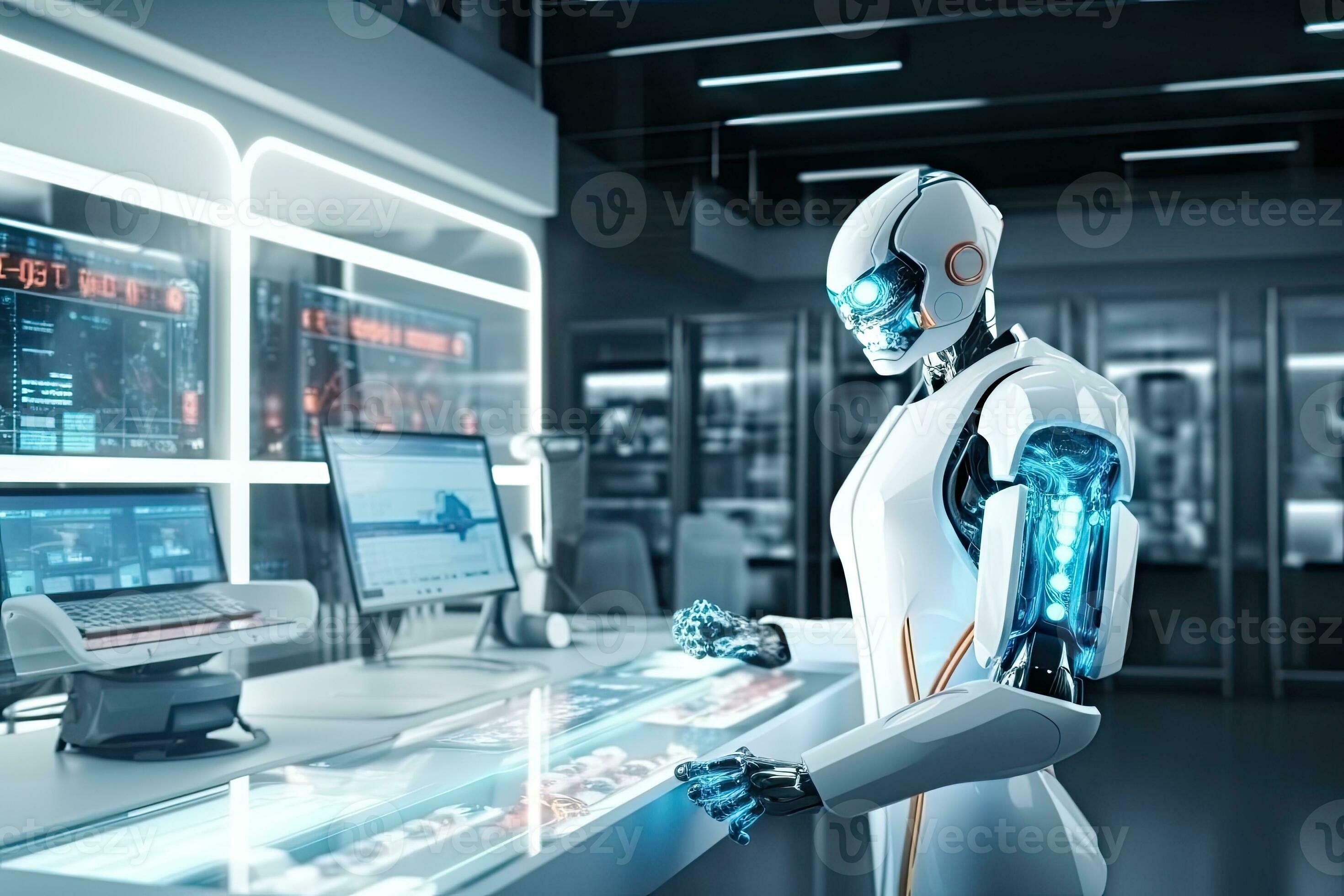 AI Generated Robot sitting at desk with laptop computer in front of him ...