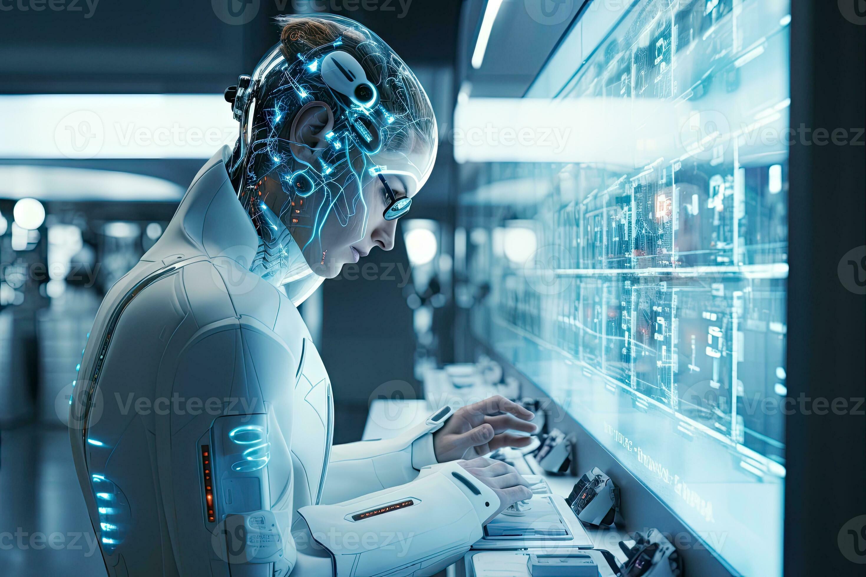 AI Generated Robot sitting at desk with laptop computer in front of him ...