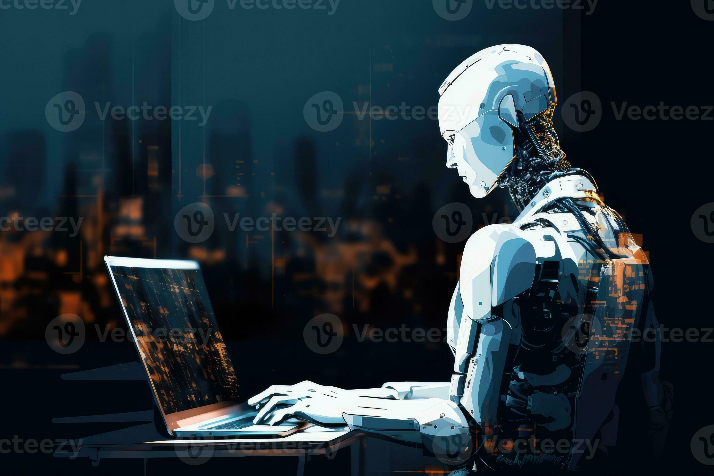 AI Generated Robot sitting at desk with laptop computer in front of him ...