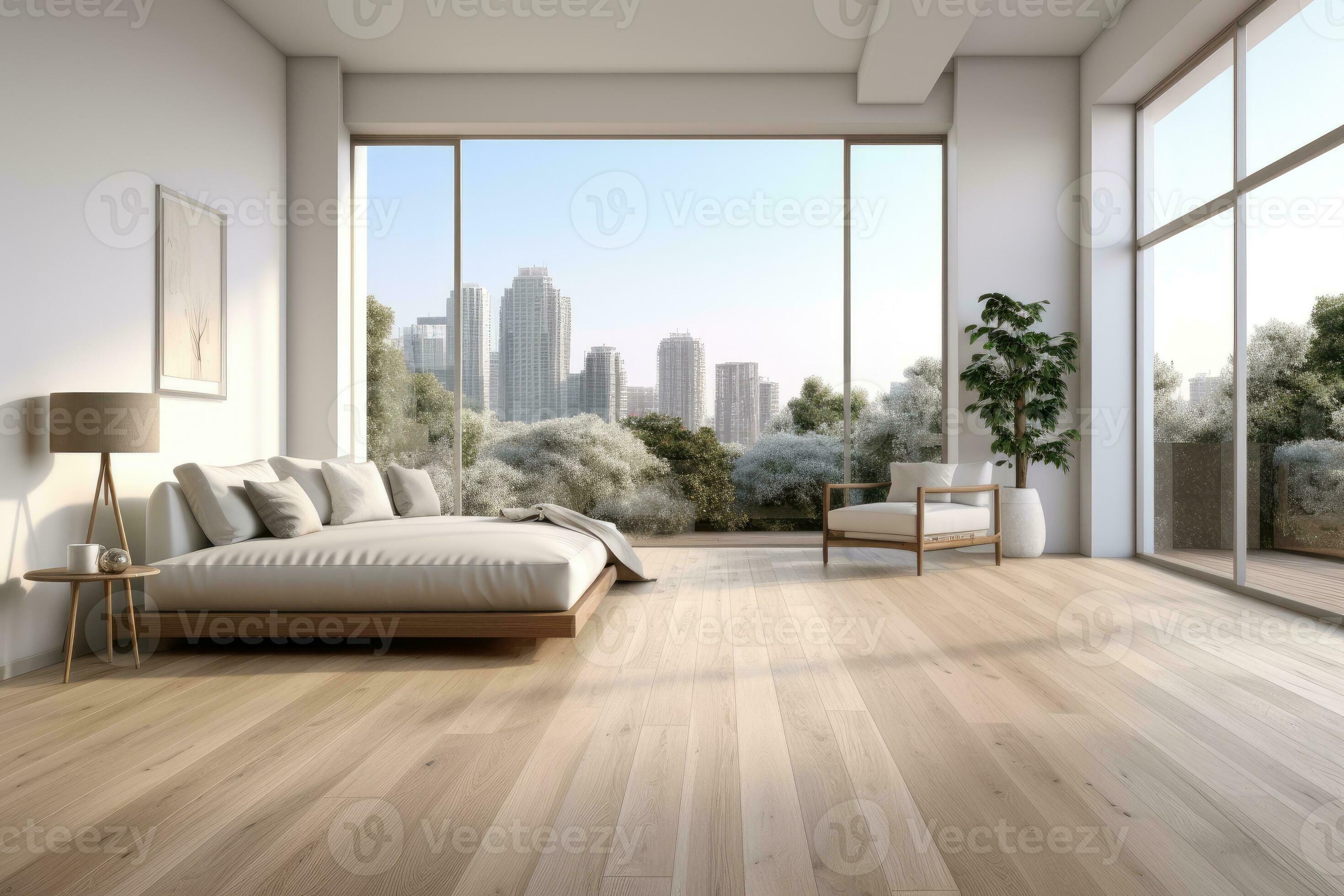 AI Generated Empty modern room with white walls and large windows ...