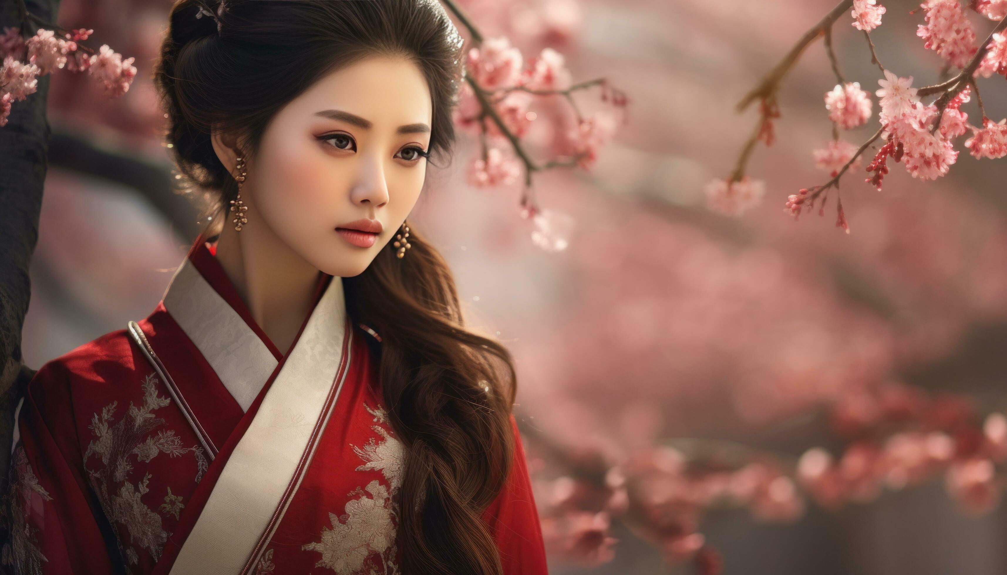 AI generated woman of chinese heritage in a traditional outfit walking ...